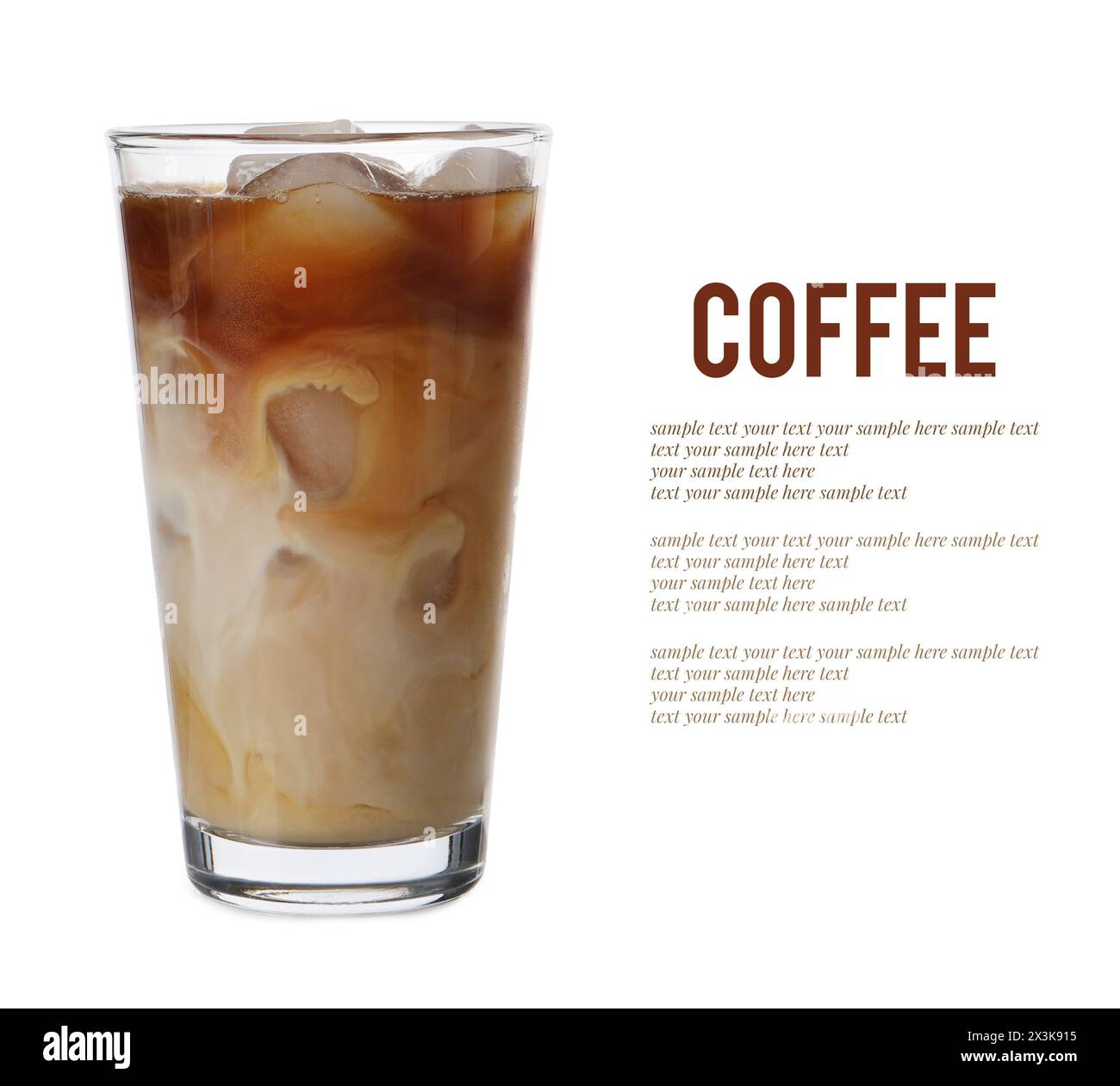Aromatic coffee with ice cubes in glass and text sample on white ...