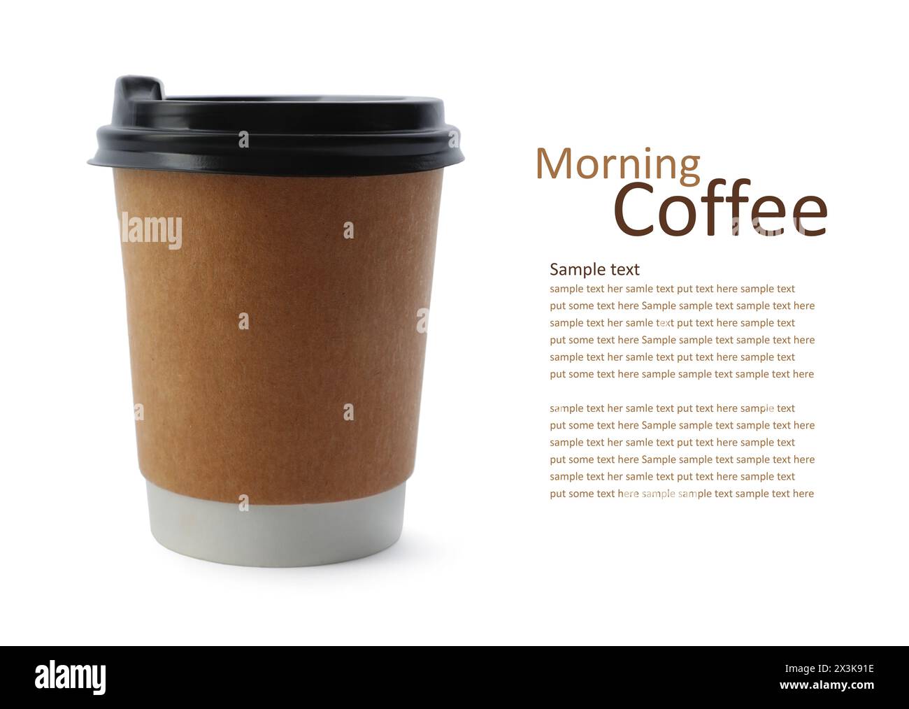 Aromatic coffee in paper cup and text sample on white background Stock ...