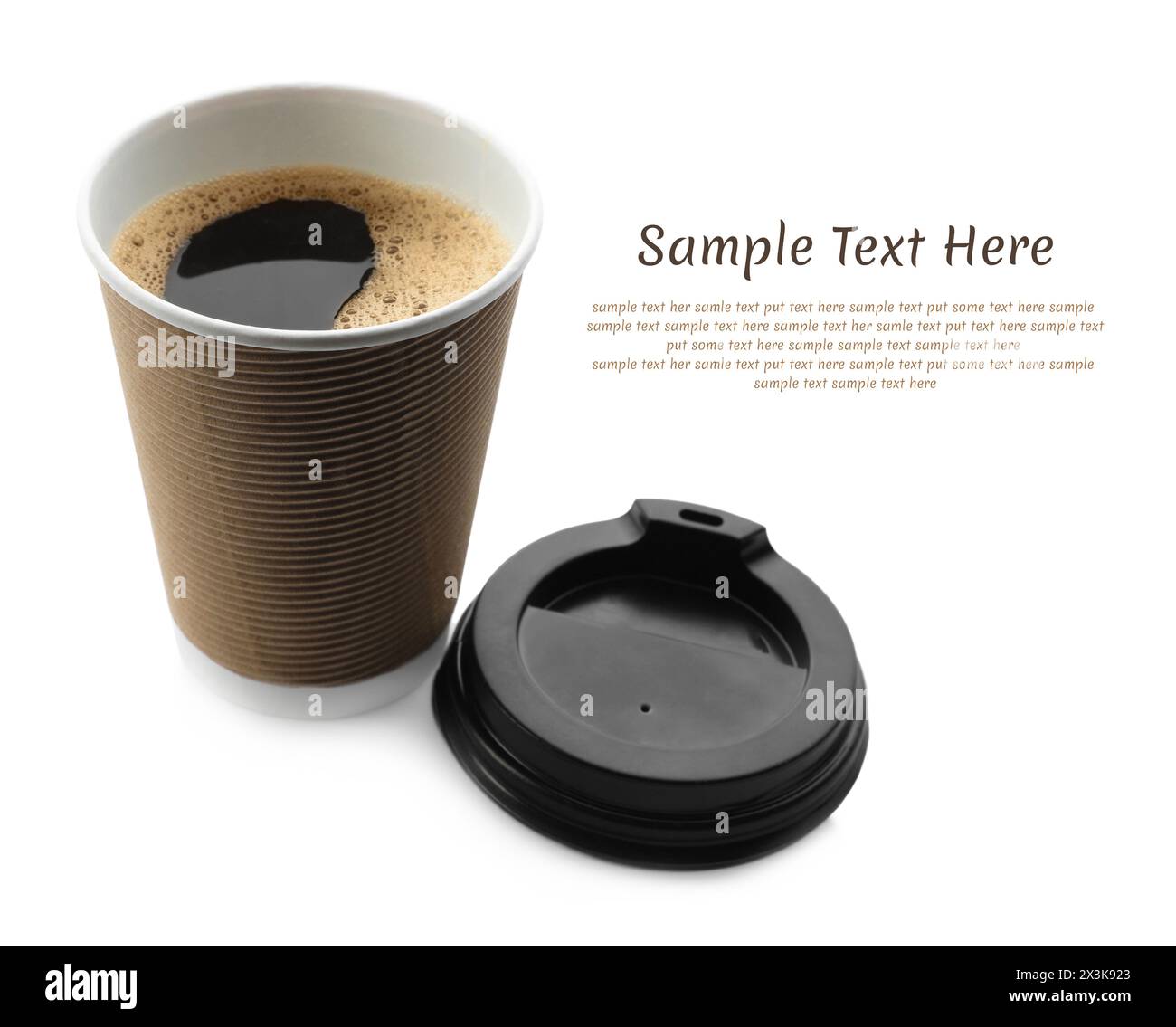 Aromatic coffee in paper cup and text sample on white background Stock ...