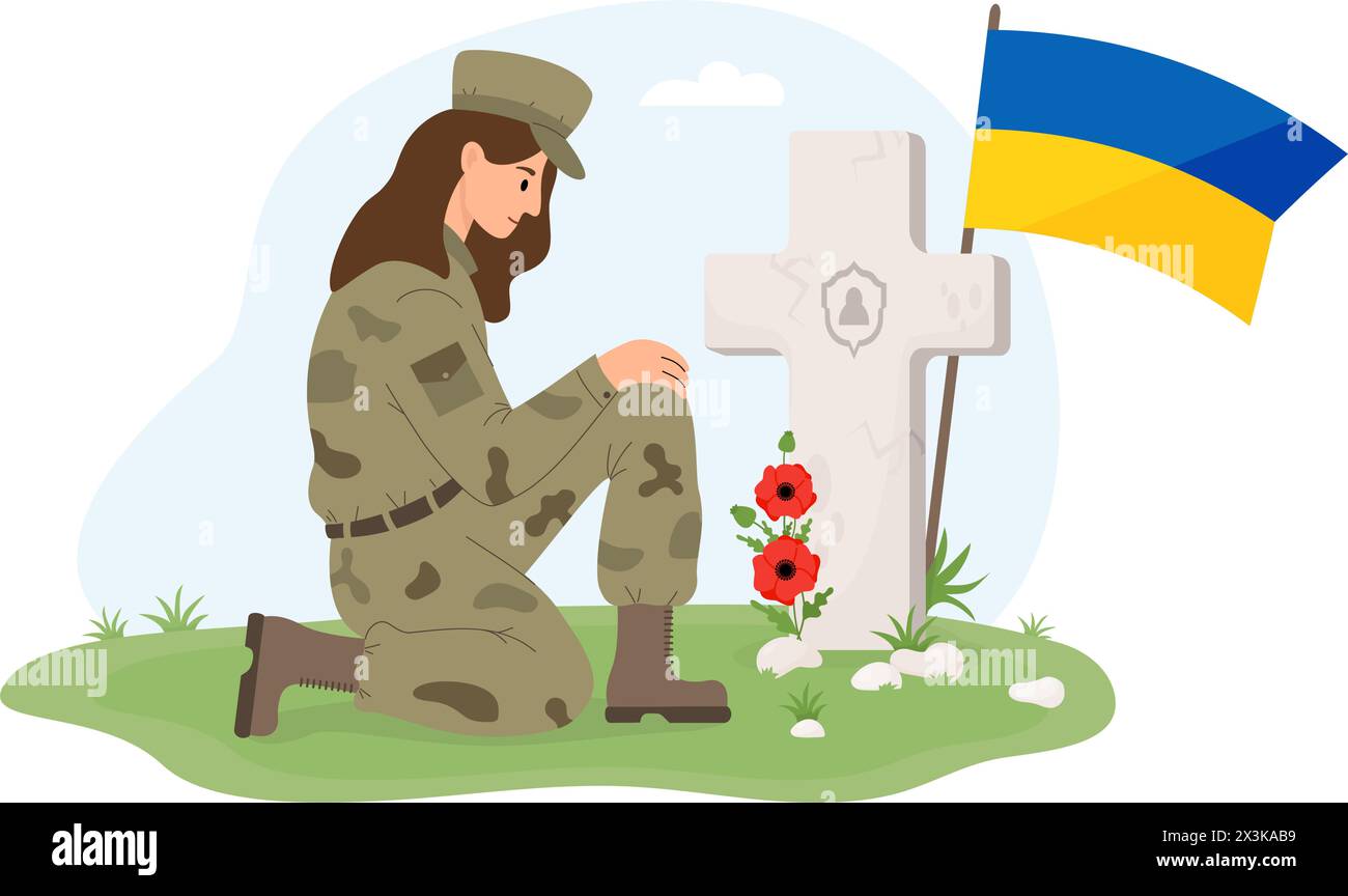 Military soldier woman on one knee in front of grave cross with ...