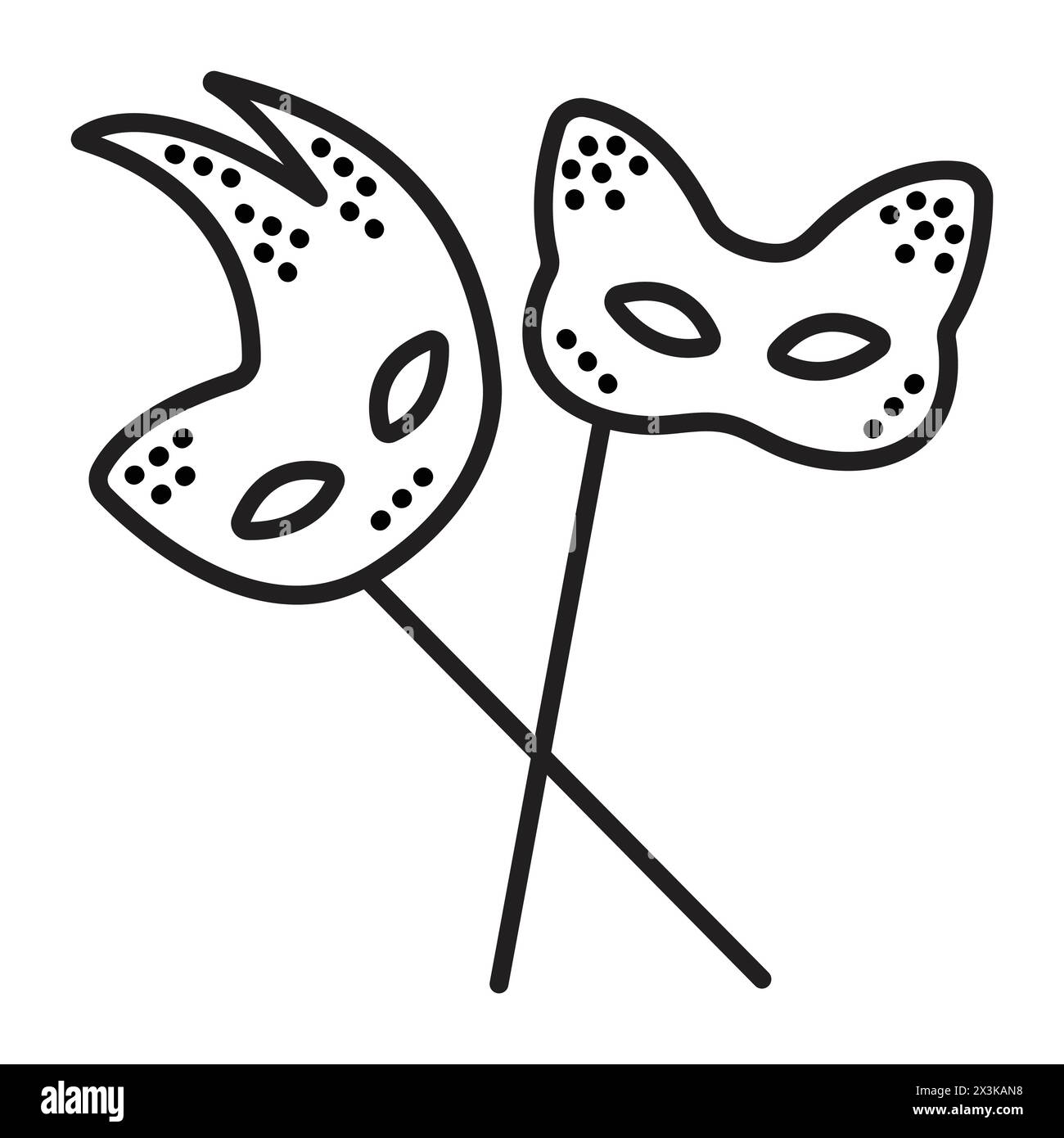 Two elegant eye masquerade masks with sticks, vector black line icon ...