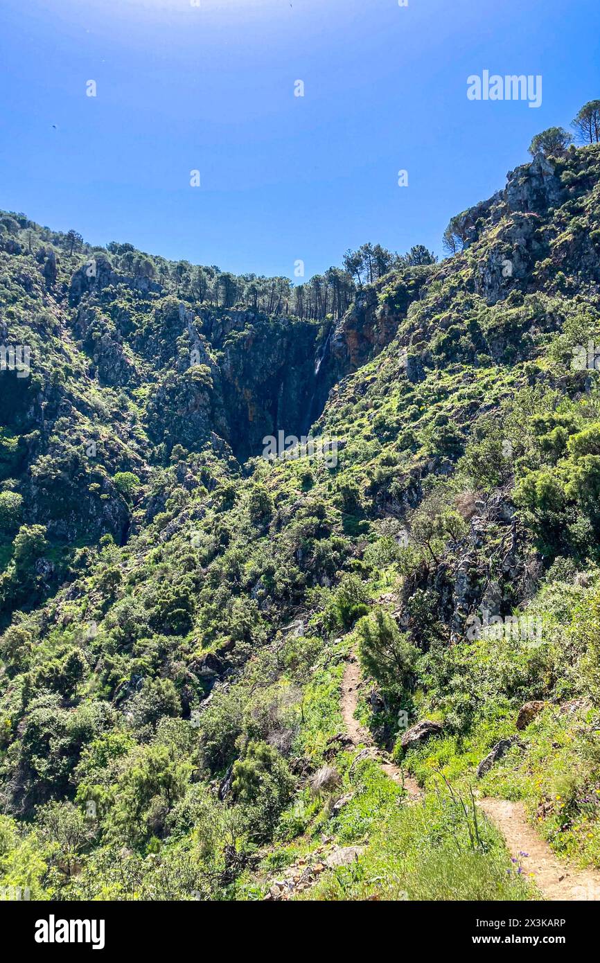 Hiking trail to waterfalls over river Caballos, Sierra de la Nieves ...