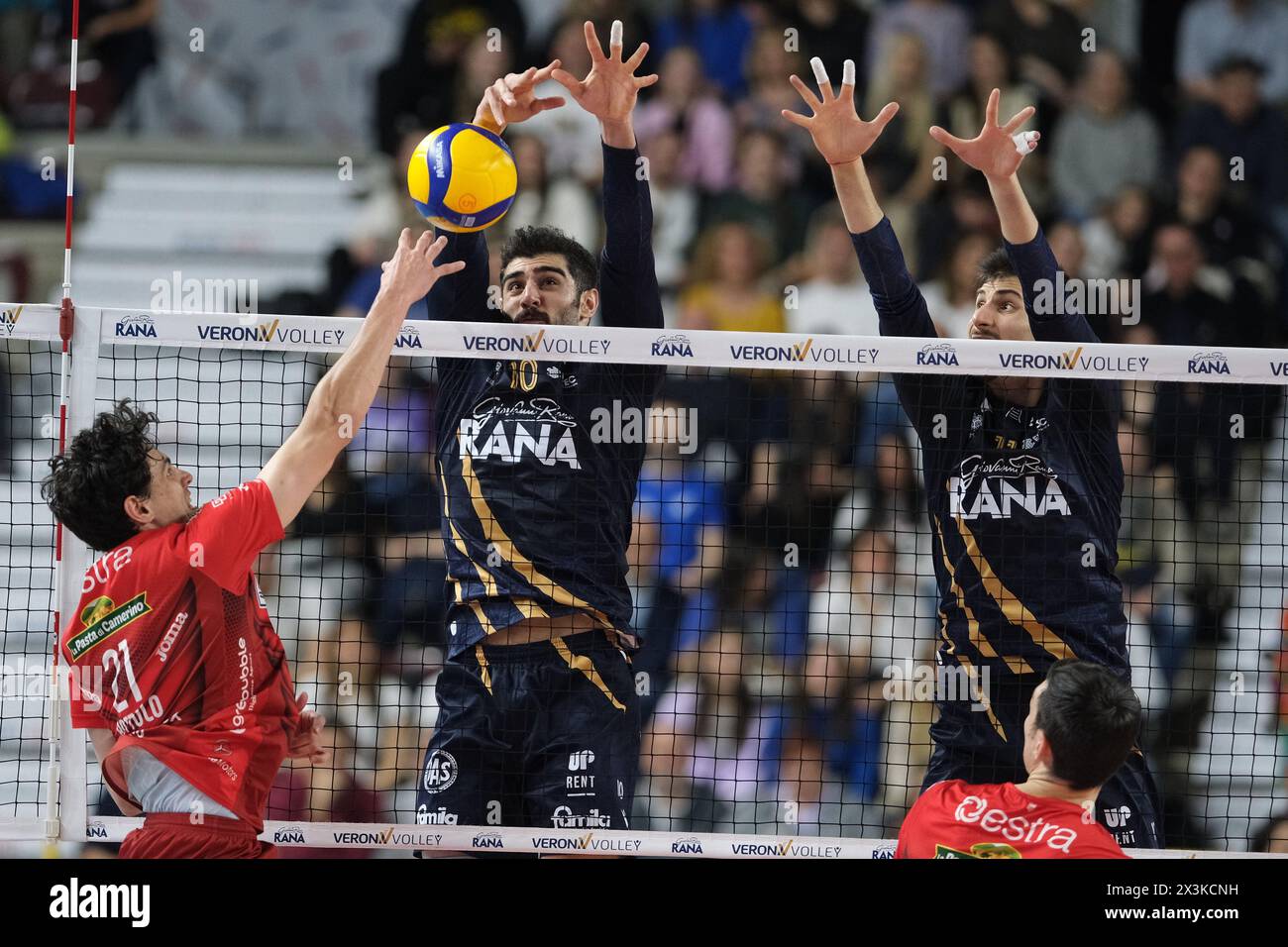 Block of Amin Esmaeilnezhad of Rana Verona during the match between ...