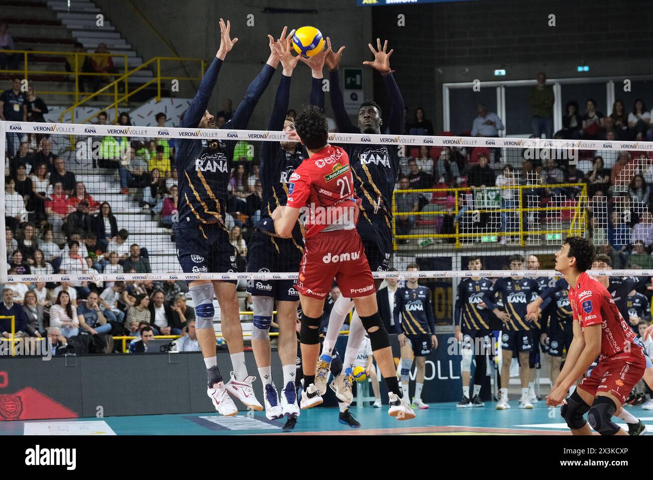 Block of Amin Esmaeilnezhad of Rana Verona during the match between ...