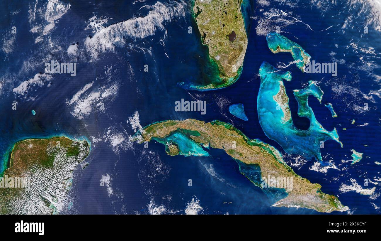 Aerial of the Caribbean including Cuba, the Bahama Islands and the ...
