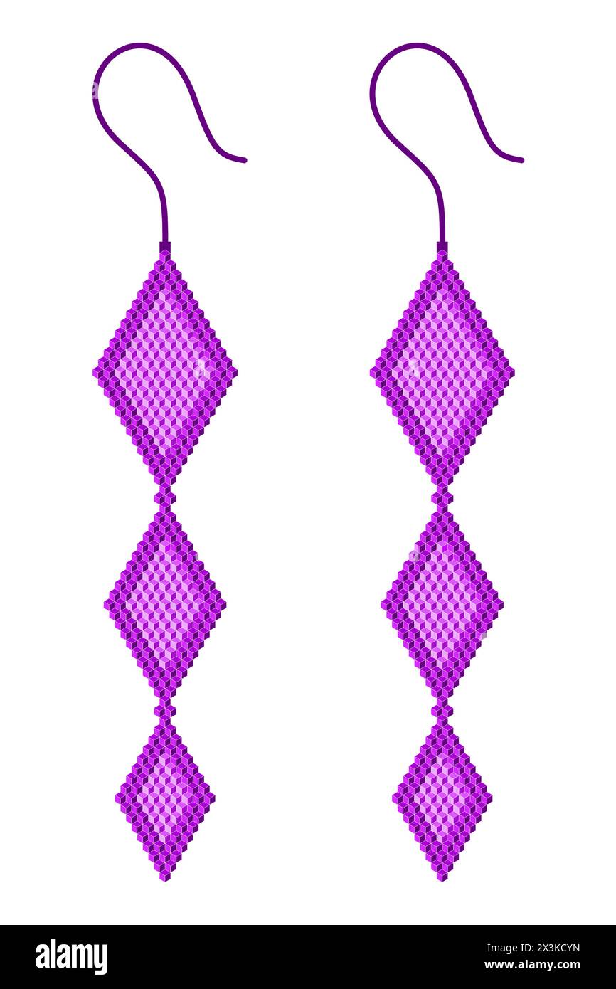 Two light and dark purple earrings made of 3D squares in the shape of three rhombus hang below ...
