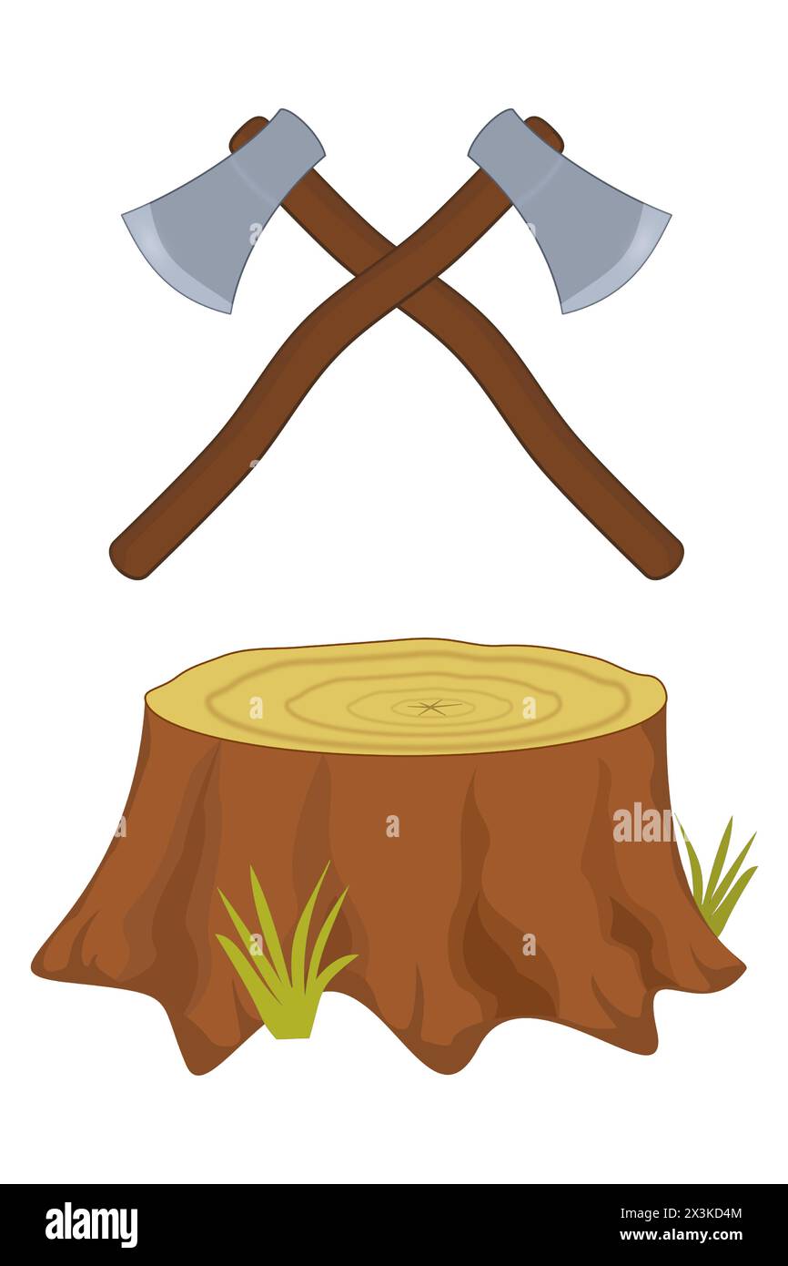 Two sharpened axes facing each other in the space above the stump Stock ...