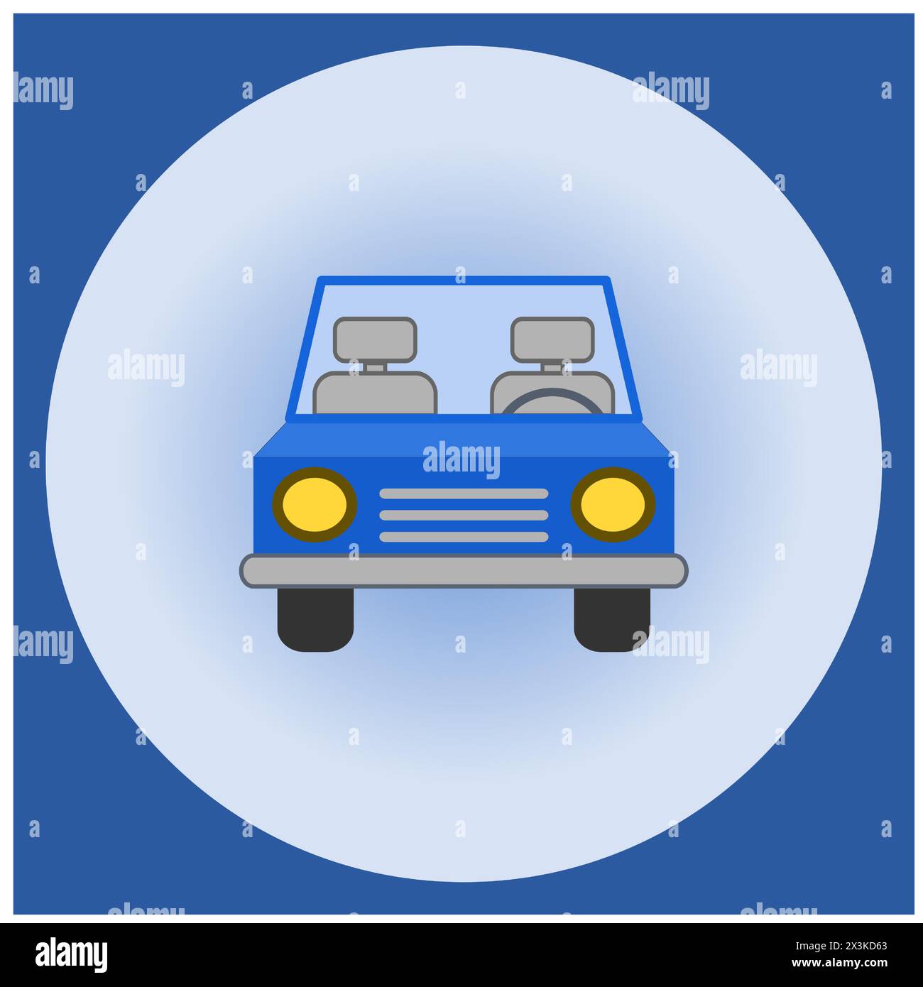 The blue car symbol from front view in blue circle and square frame ...