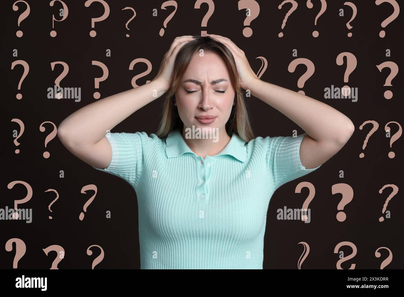 Amnesia Confused Young Woman And Question Marks On Brown Background