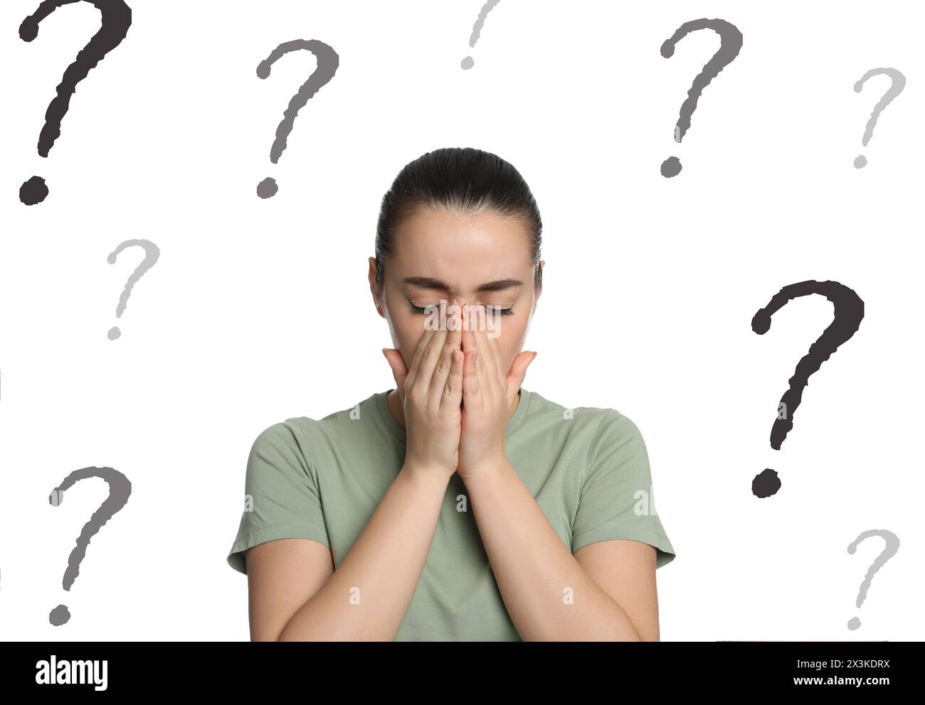 Amnesia Confused Young Woman And Question Marks On White Background
