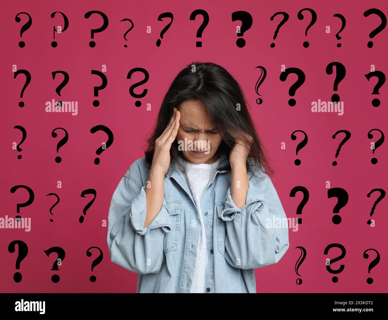 Amnesia Confused Woman And Question Marks On Pink Background Stock