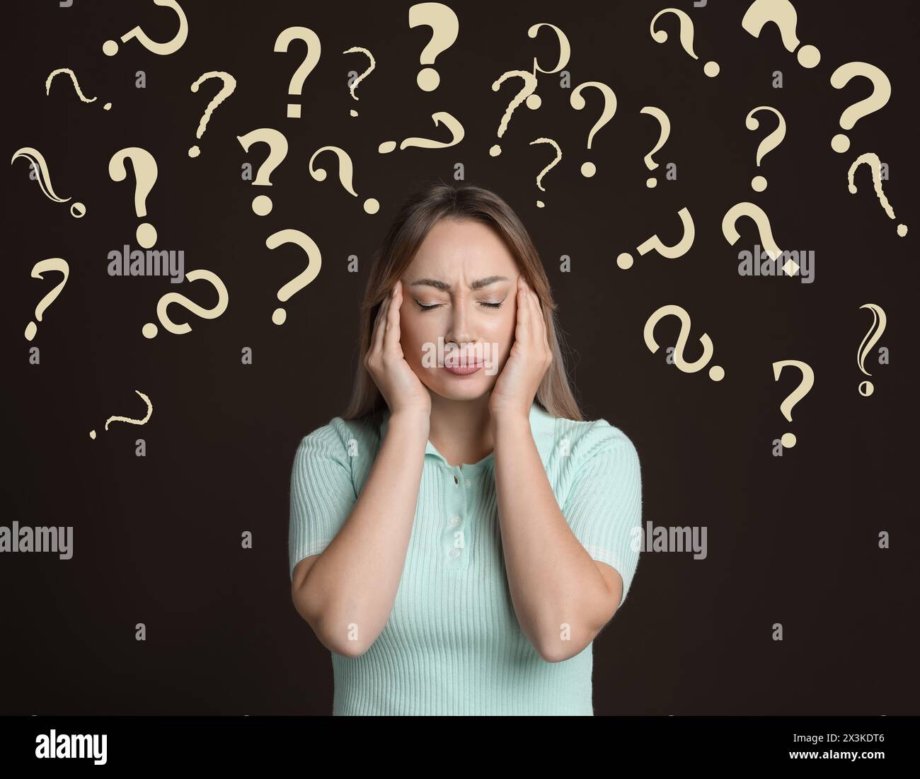 Amnesia Confused Young Woman And Question Marks On Brown Background