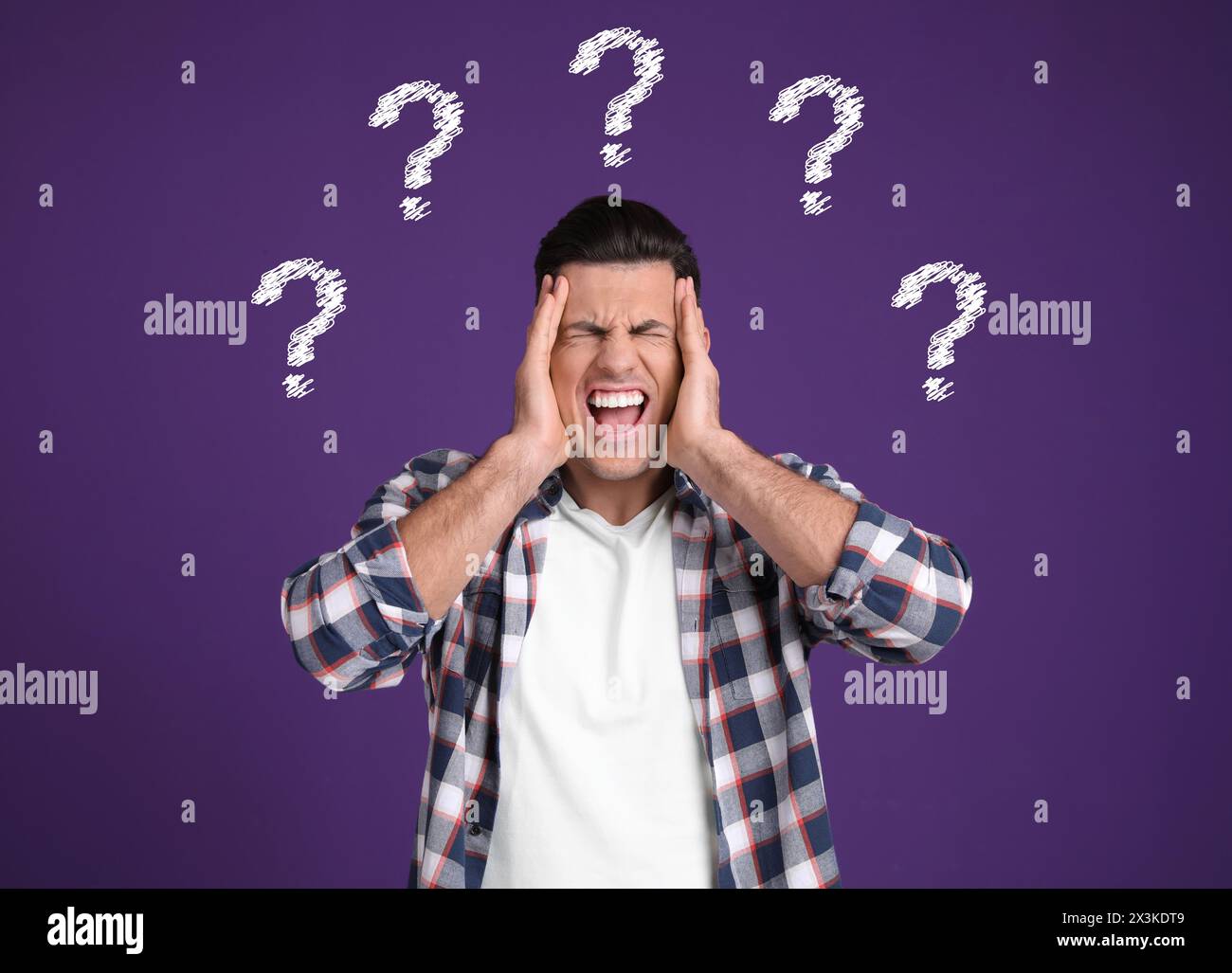 Amnesia Stressed Man And Question Marks On Purple Background Stock