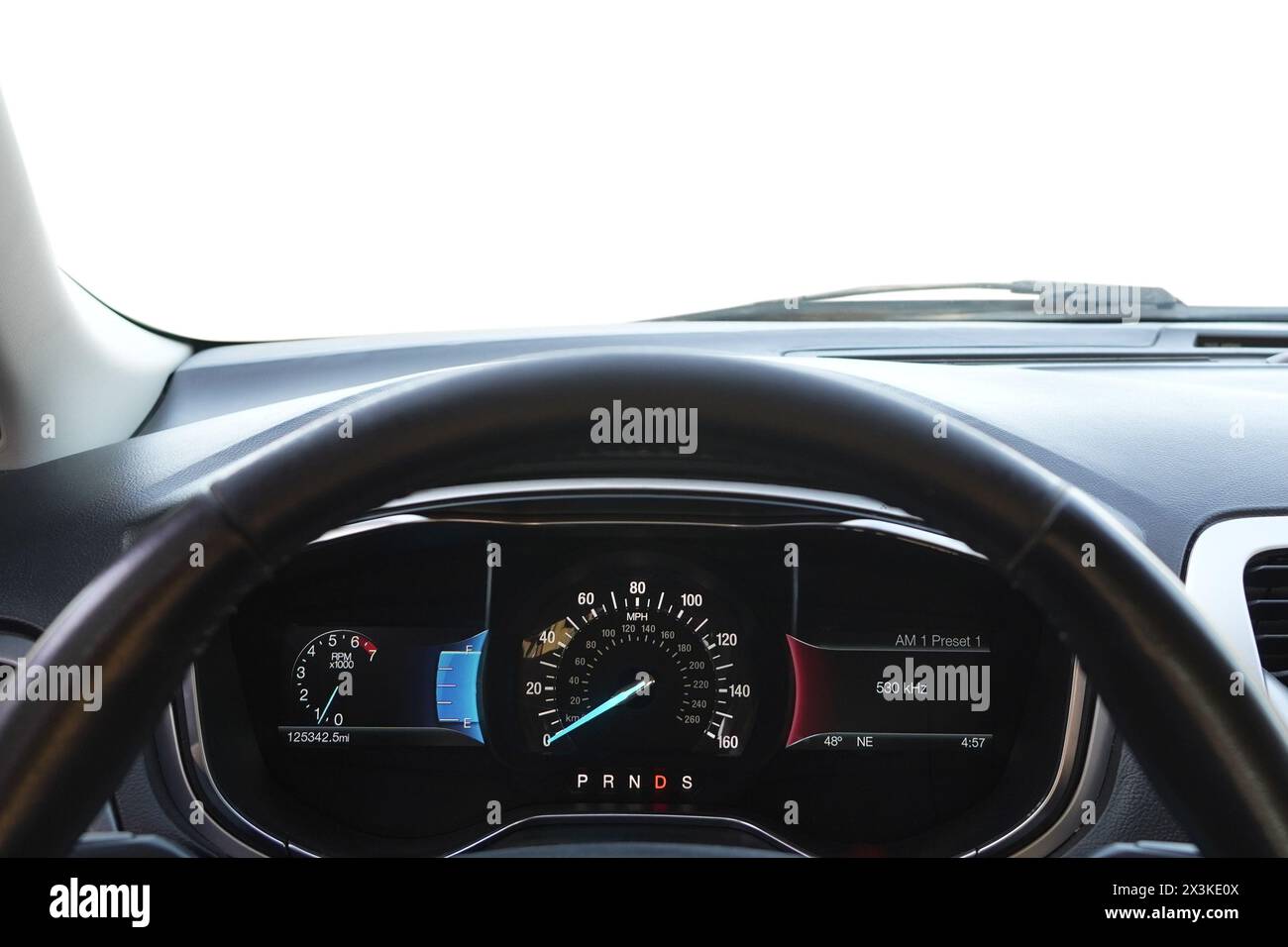 Speedometer on dashboard and steering wheel inside car Stock Photo - Alamy