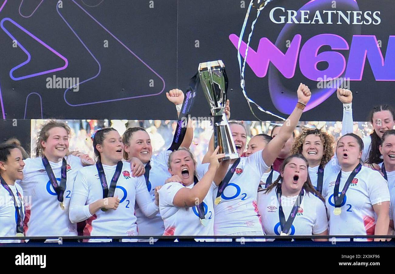 The England team lift the trophy after winning the Six Nations and ...