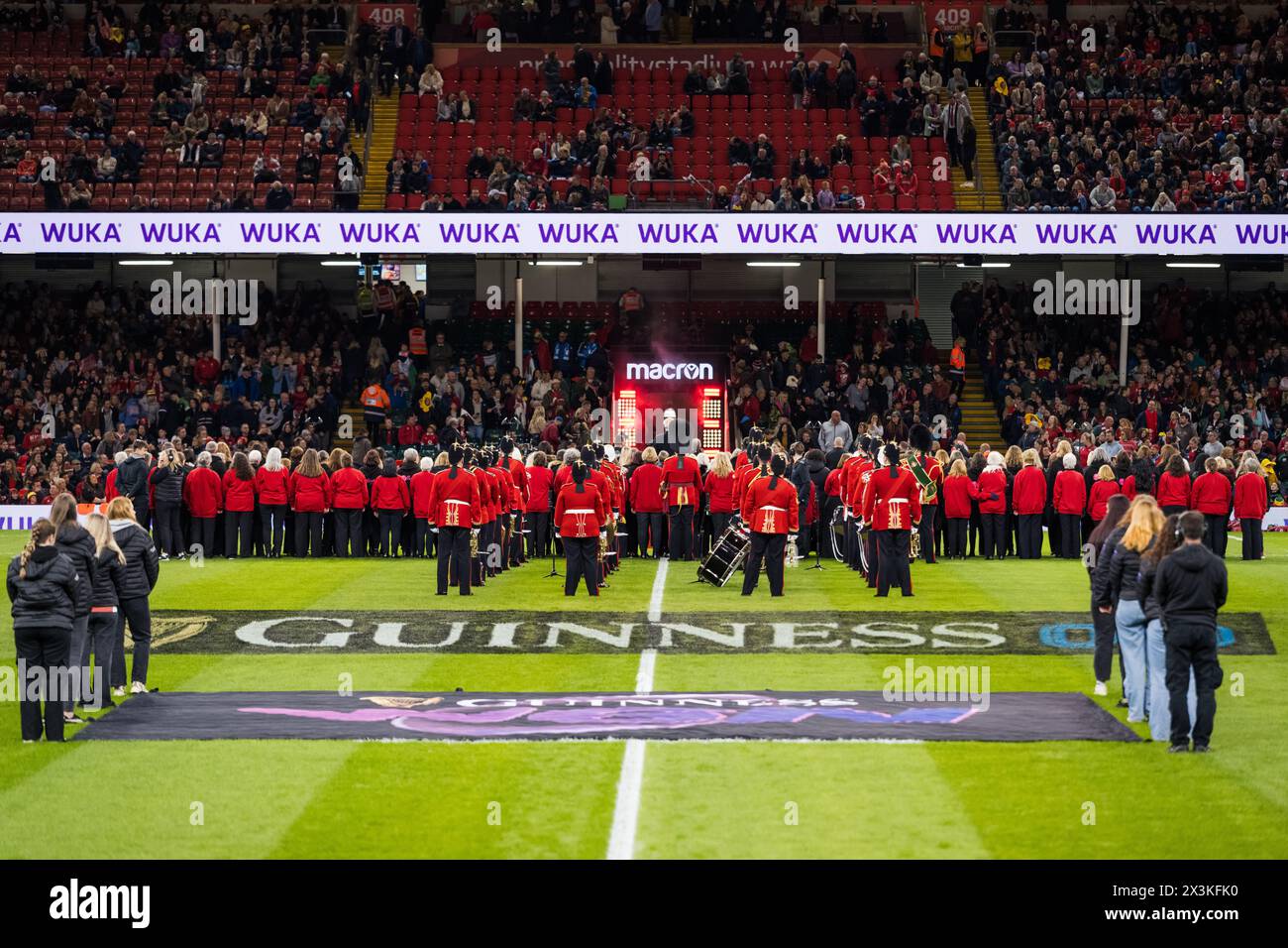 Cardiff, Wales. 27th April 2024. Côr Persain Choir and crowd before the ...