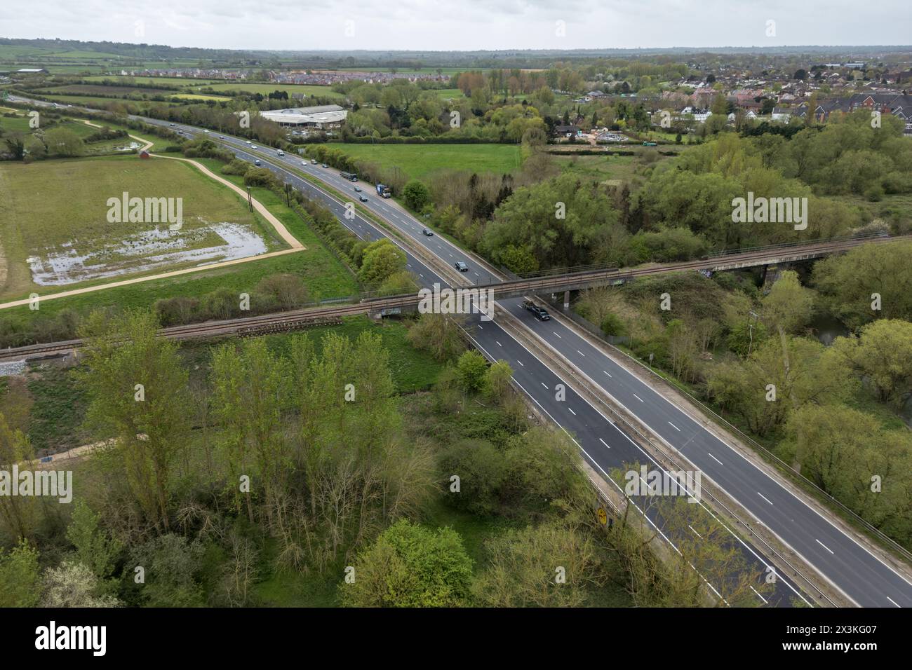 Aerial view of the A5 road close to Caldecotte Lake, Milton Keynes, UK ...