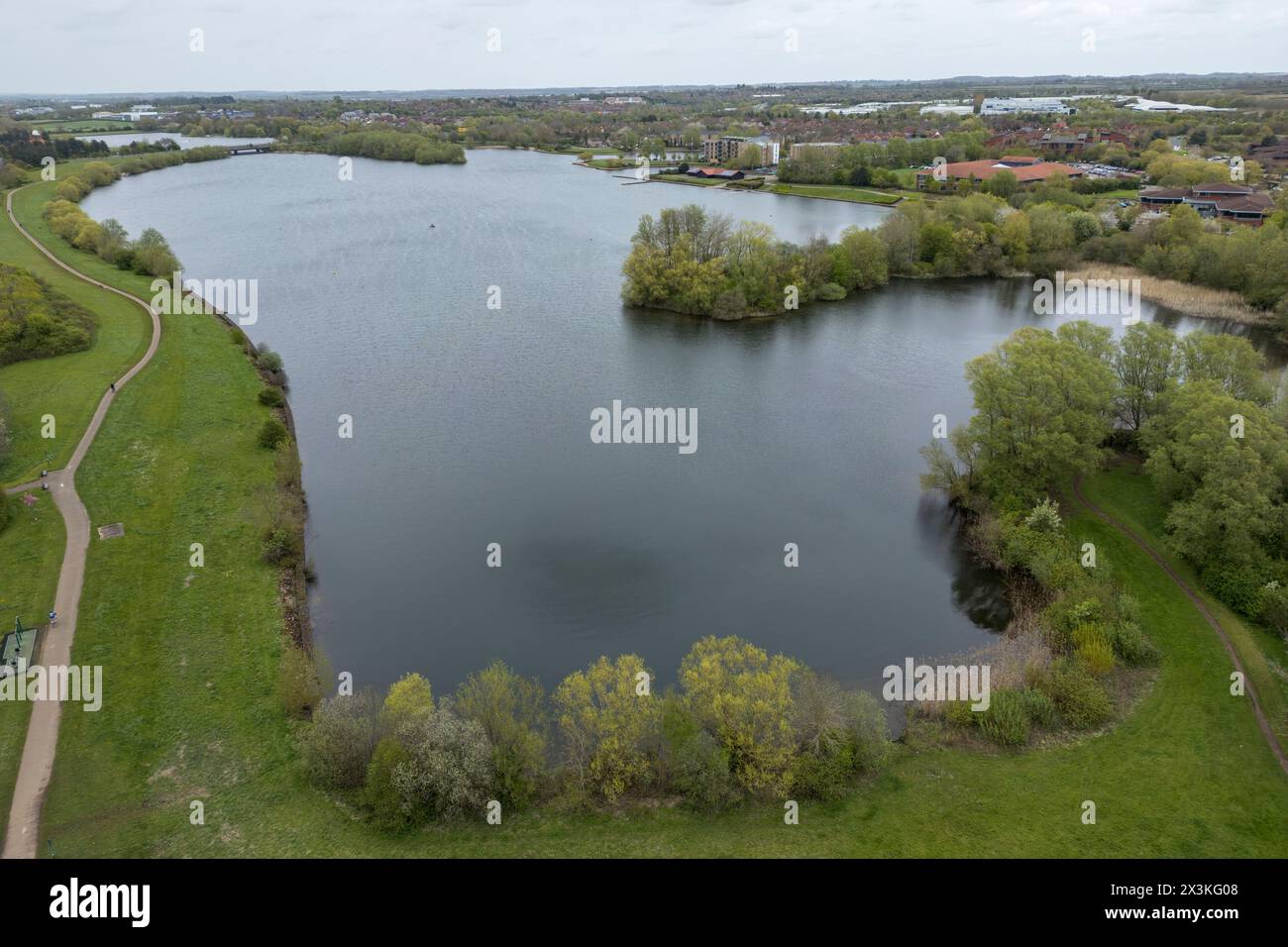 Aerial view of Caldecotte Lake, Milton Keynes, Buckinghamshire, UK ...