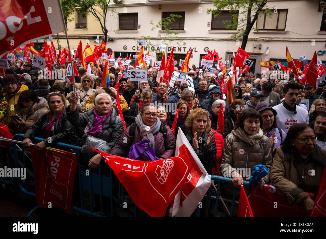 Protesters with flags of the Spanish Socialist Workers Party (PSOE) and ...
