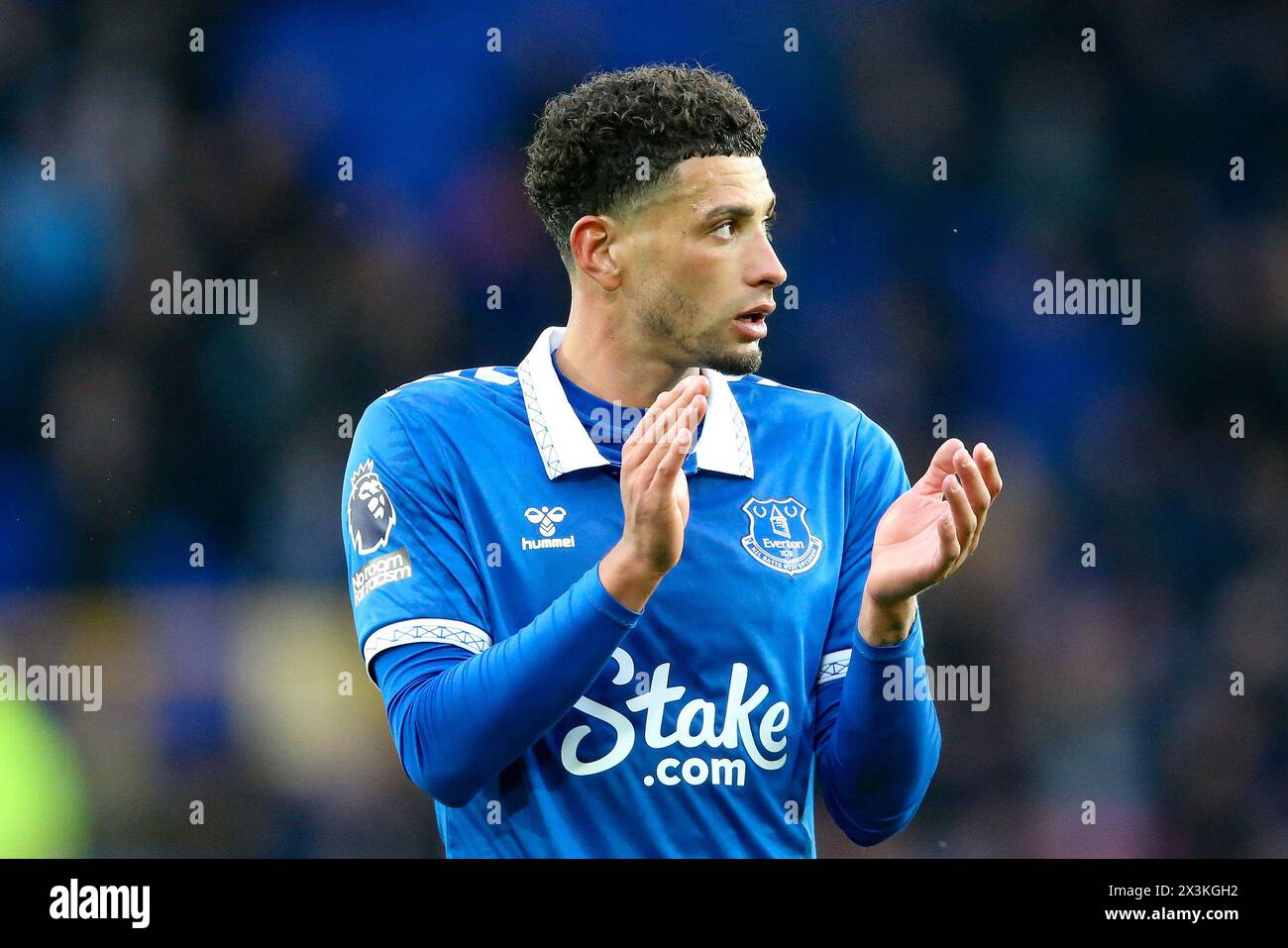 Liverpool, UK. 27th Apr, 2024. Ben Godfrey of Everton shows his ...