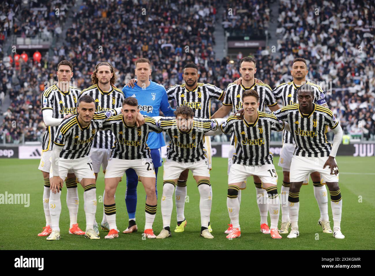 Turin, Italy, 27th April 2024. The Juventus starting eleven line up for ...