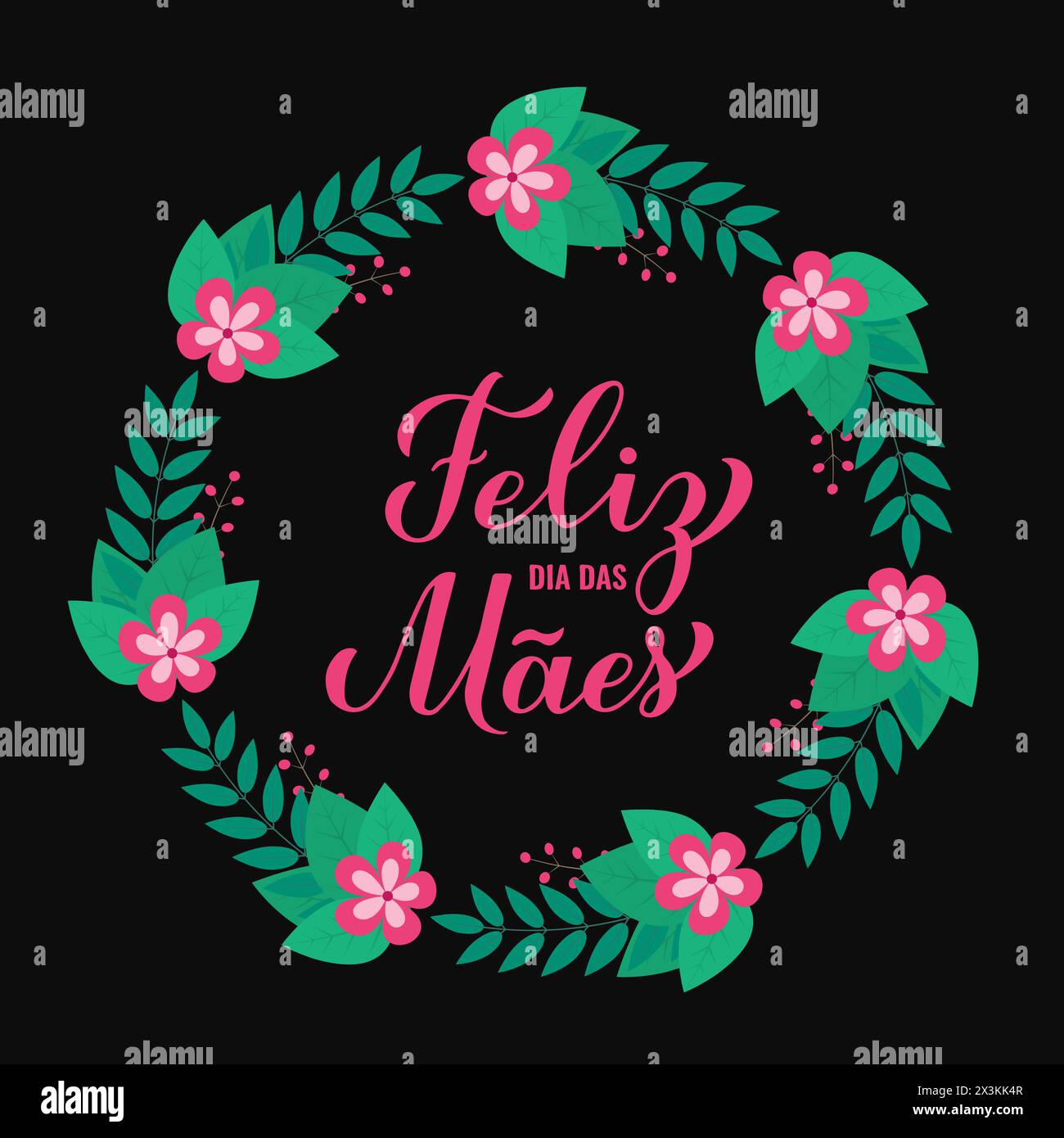 Happy Mothers Day calligraphy lettering in Portuguese. Wreath of leaves ...