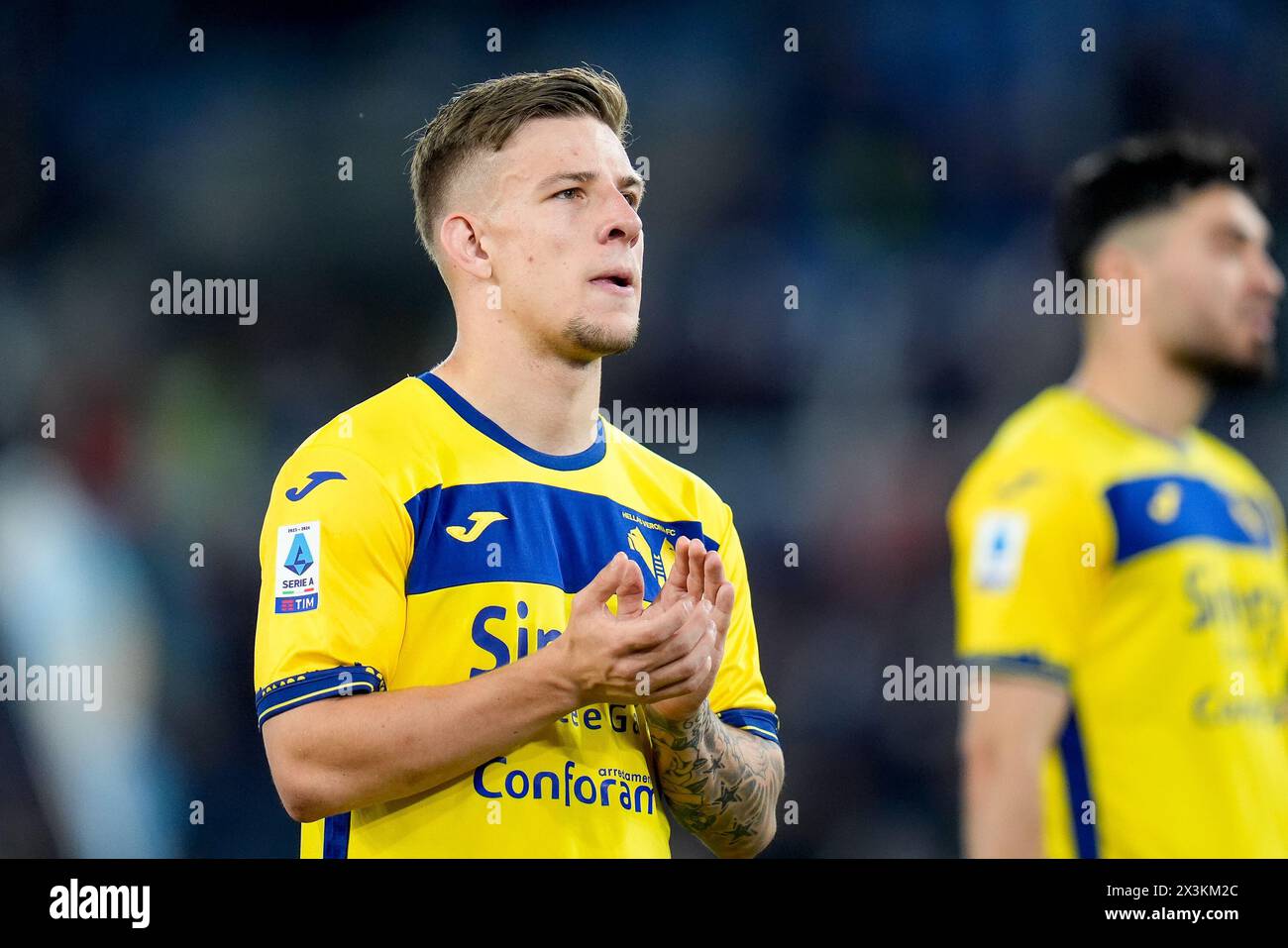 Rome, Italy. 27th Apr, 2024. Tomas Suslov of Hellas Verona greets the ...