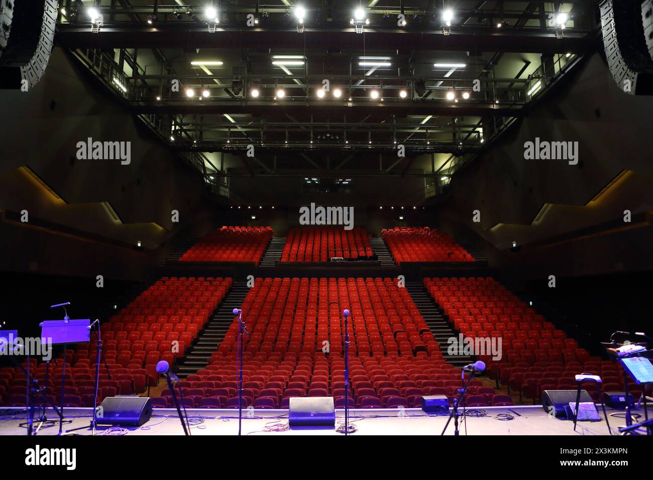 Stage viewpoint towards seating in auditorium raked seating microphones ...