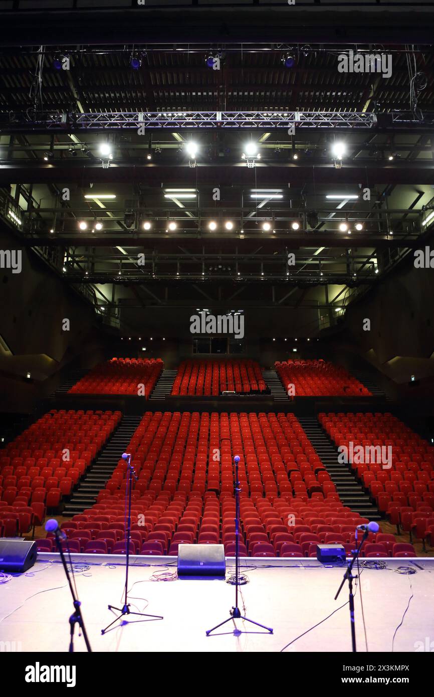 Stage viewpoint towards seating in auditorium raked seating microphones ...