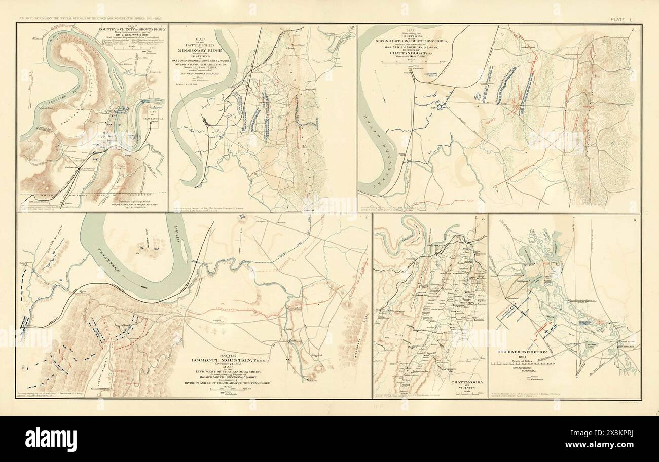 Vintage Historical Map. American Civil War map o the 1863 Chattanooga campaign and the Red River ...