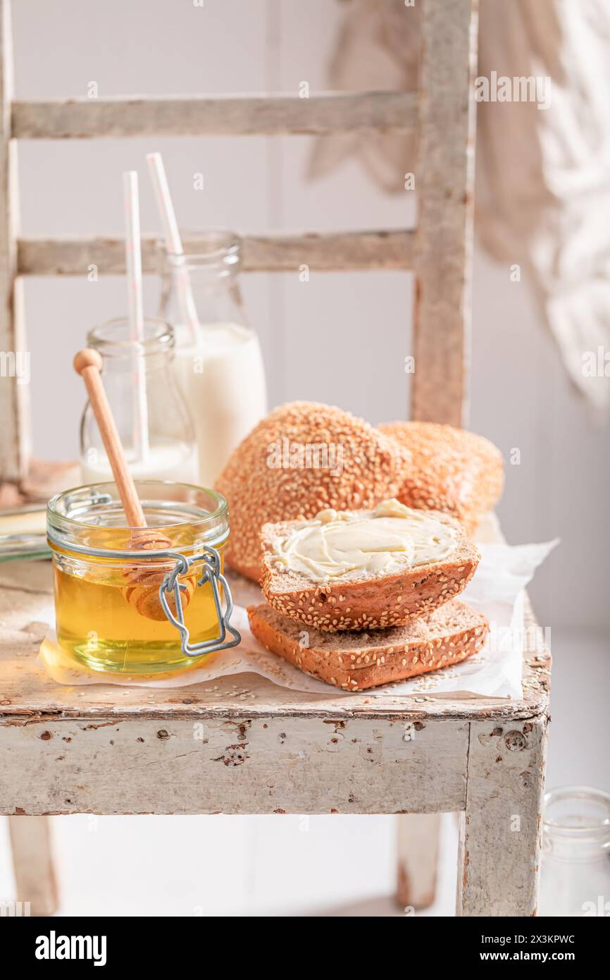 Healthy and sweet wheat buns for breakfast. Breakfast with milk and ...