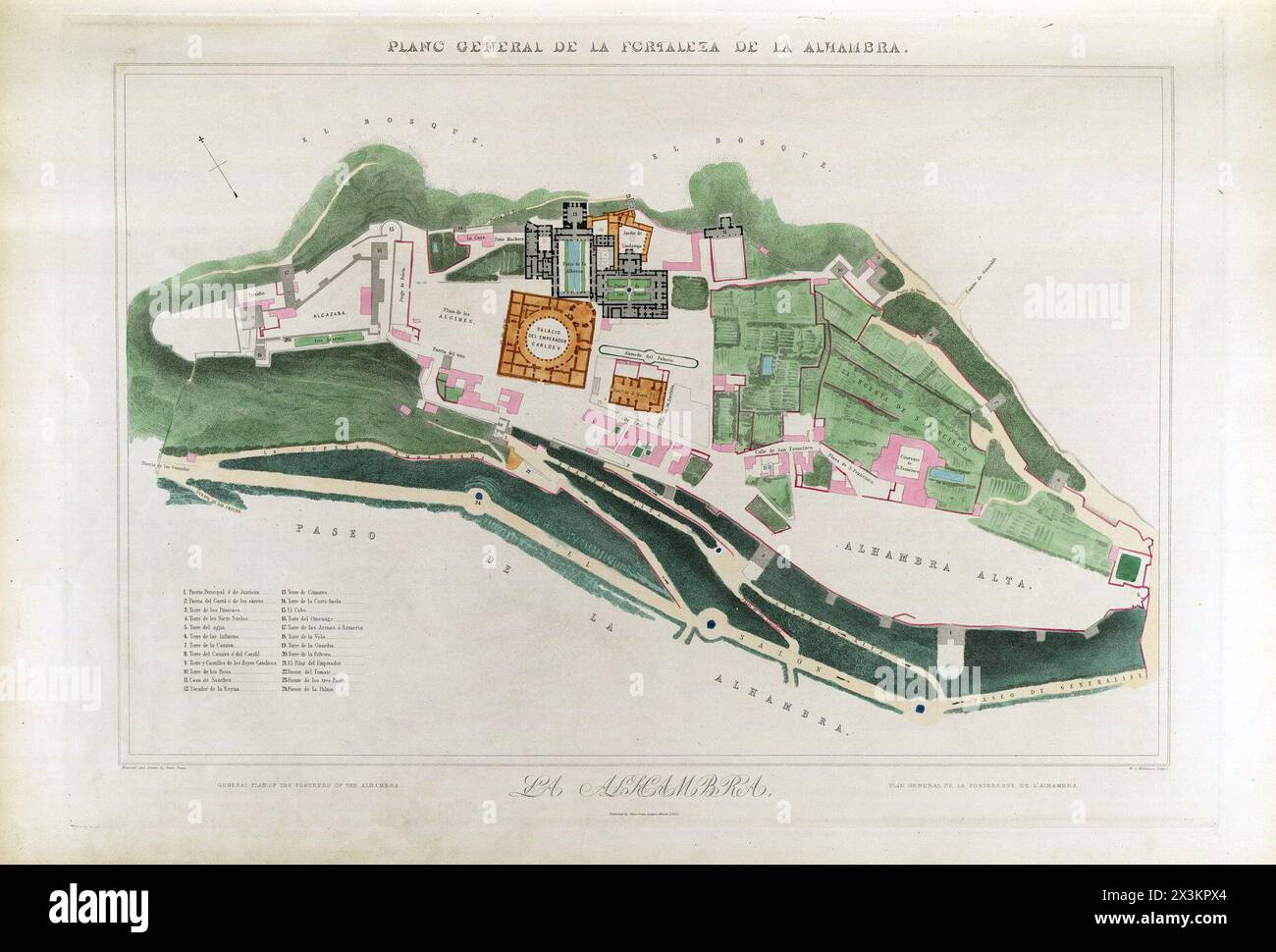 Vintage Historical Map. General Plan of de Alhambra, Spain. circa 1850s ...