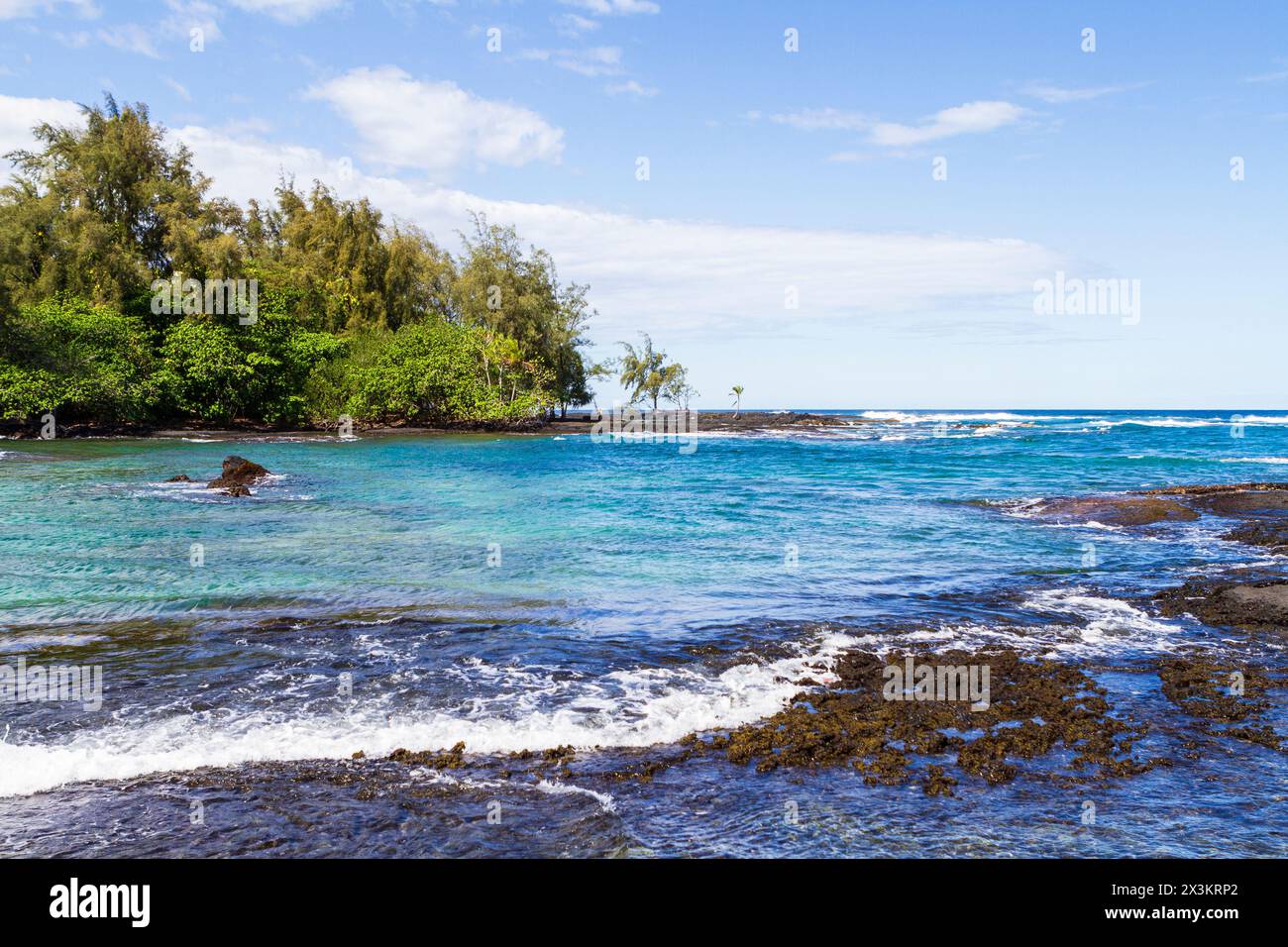 Scenic view of tropical blue Pacific waters at James Kealoha Beach Park (4-Mile) in Hilo, Hawaii ...