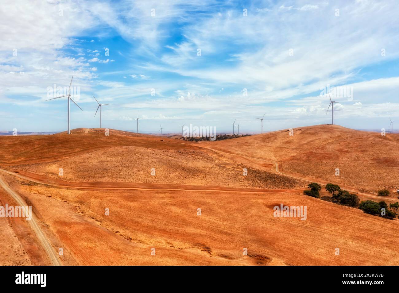 Windmill turbines on hill tops in remote South Australia generating ...