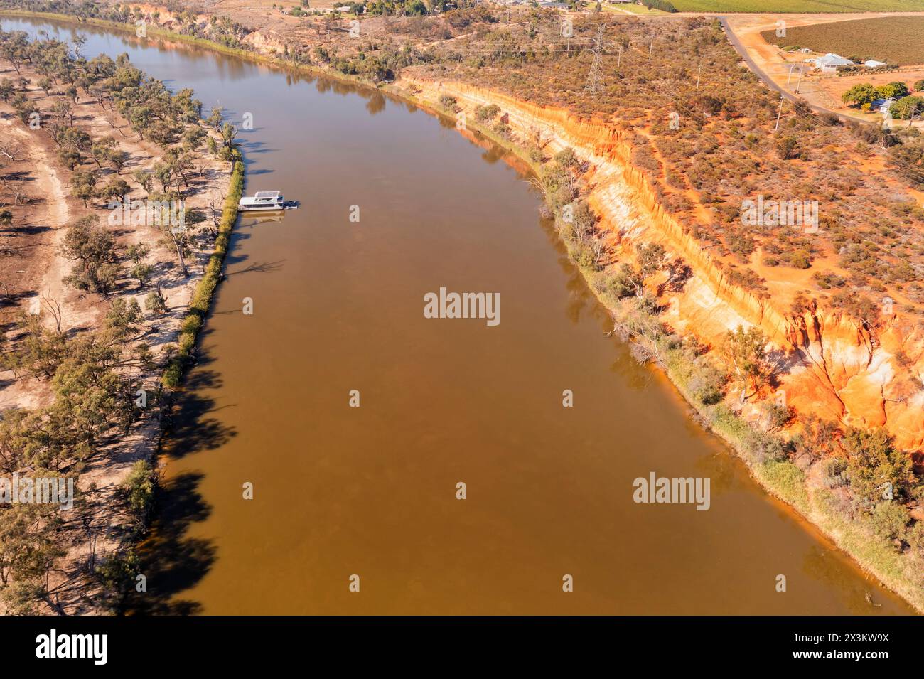 Aerial top down view of Murray river stream at Red Cliffs in Victoria ...