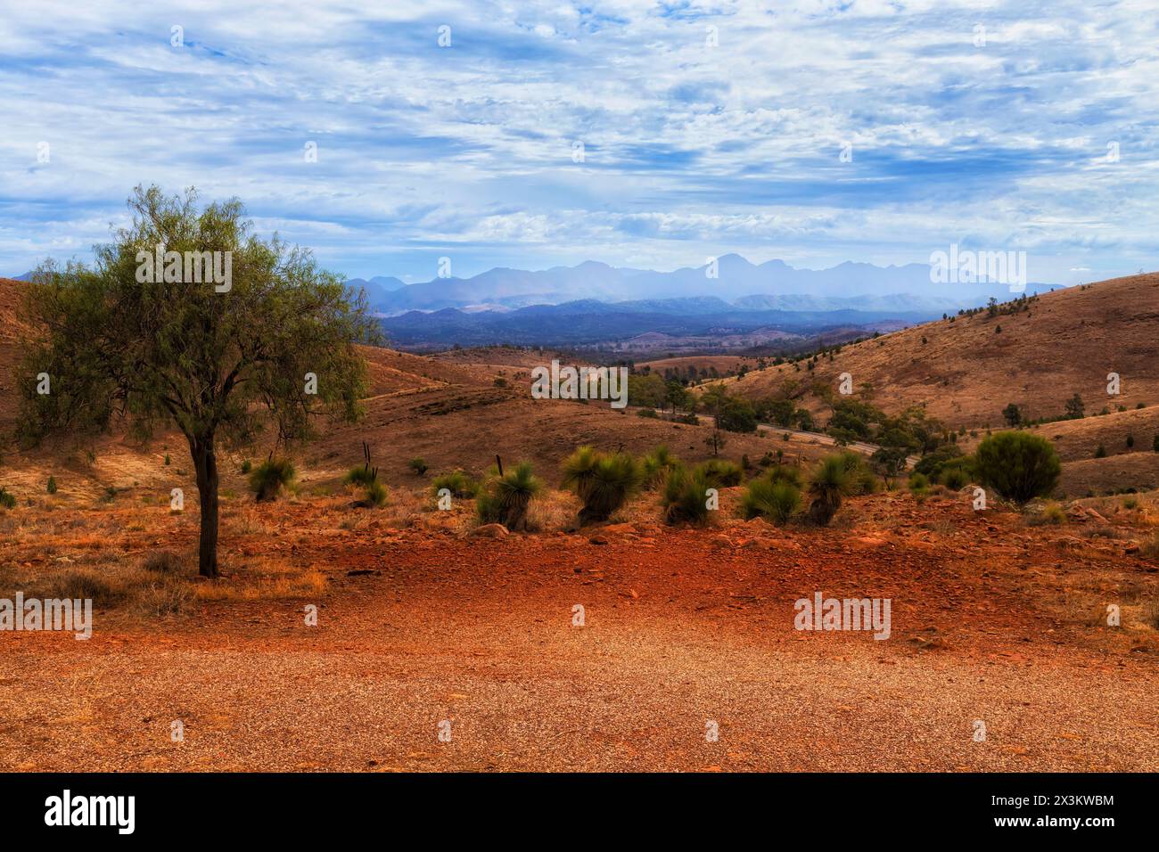 Red soil of Australian outback in Flinders ranges view to Wilpena Pound ...