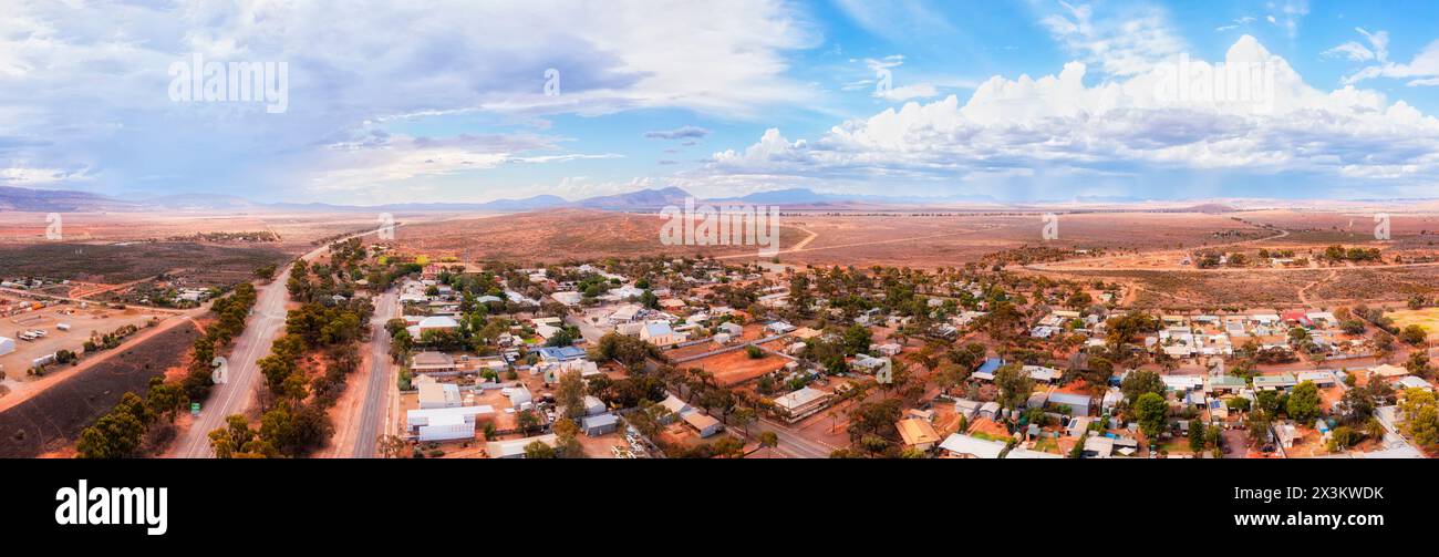 Short aerial panorama over Hawker remote rural town in South Australia ...