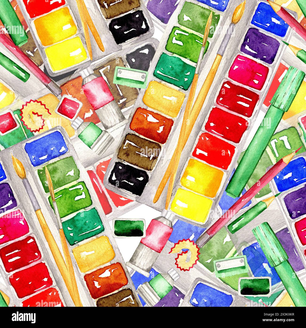 Set of watercolor paints with brushes, red pencil, pen, marker ...