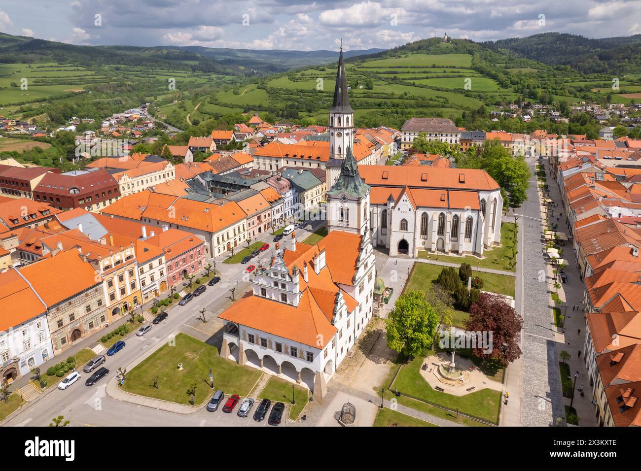 Aerial view of the historic center of Levoca town in summer, Slovakia ...