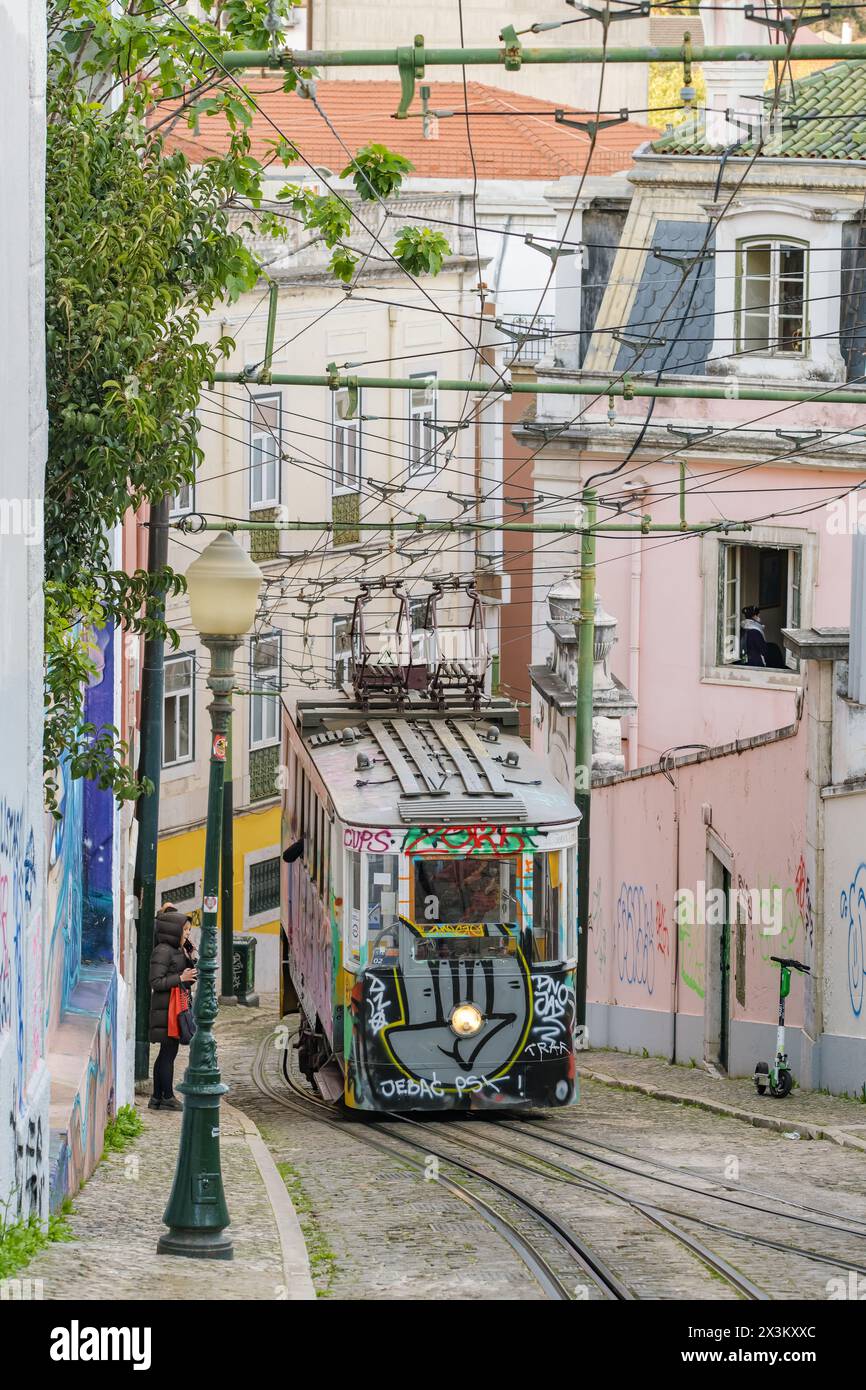 Traditional Lisbon funicular on the narrow street in Lisboa, Portugal ...