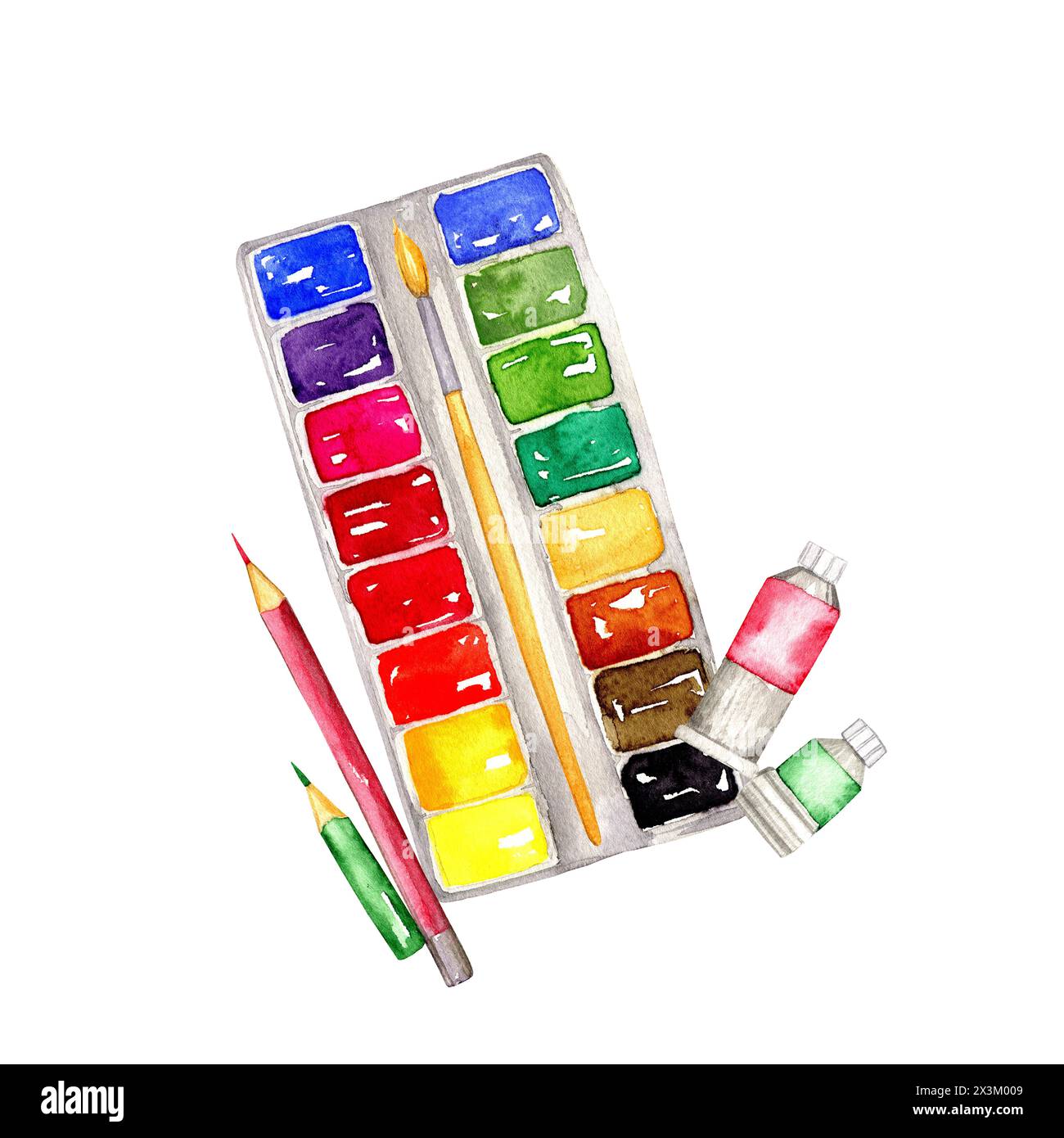 Set of watercolor paints with brushes, red pencil, pen, marker ...