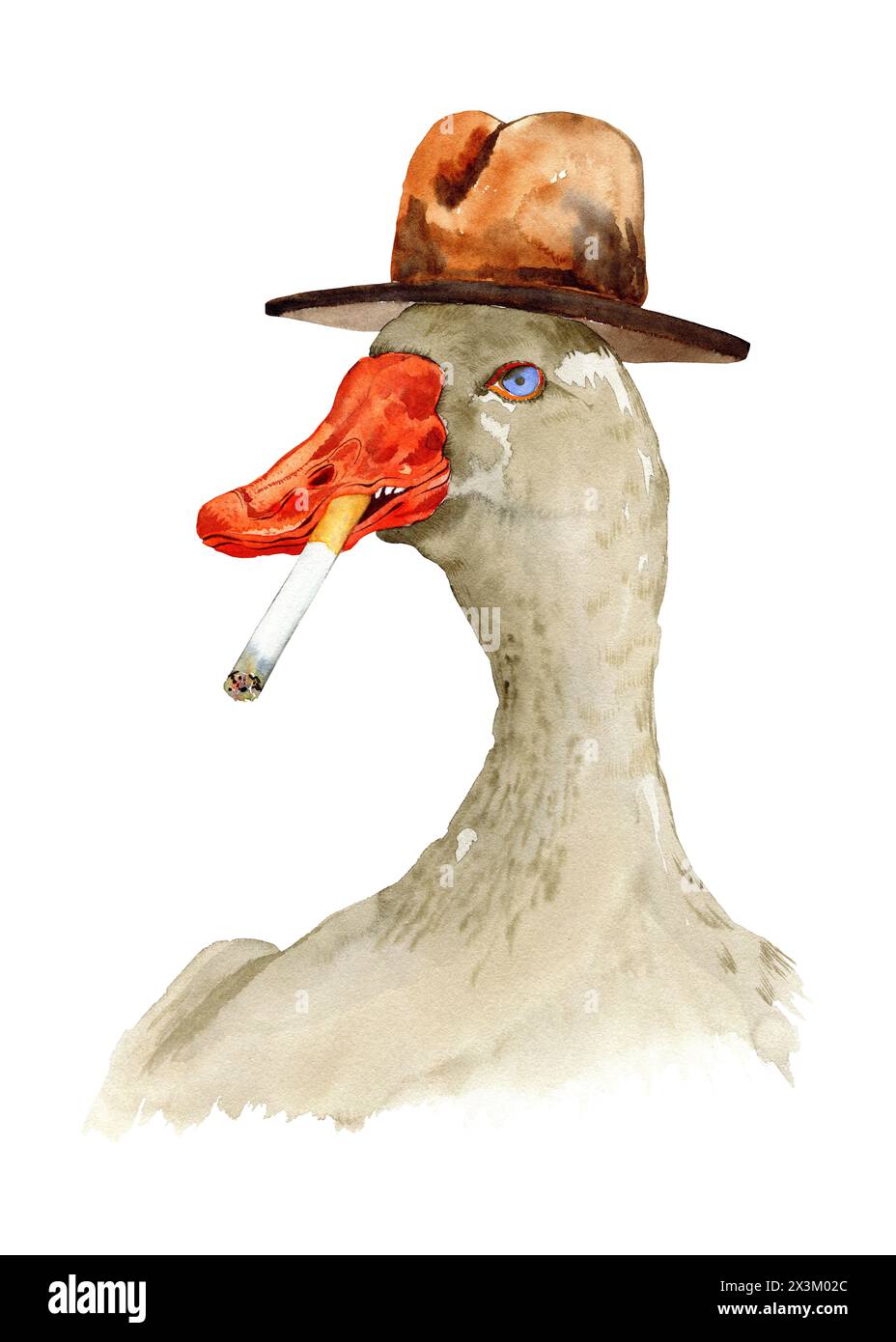gray goose in a brown hat with a red head, a cigarette in his mouth ...