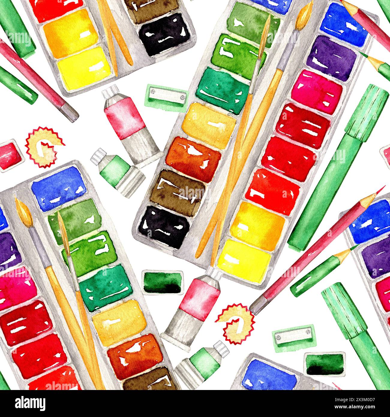 Set of watercolor paints with brushes, red pencil, pen, marker ...