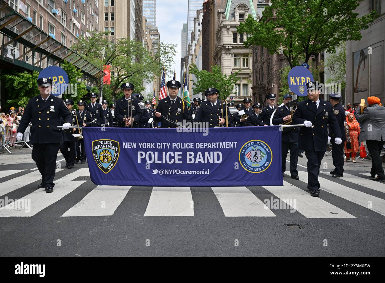 The NYPD Police Band march in the Sikh Cultural Society's Sikh Day Parade on April 27, 2024 in ...