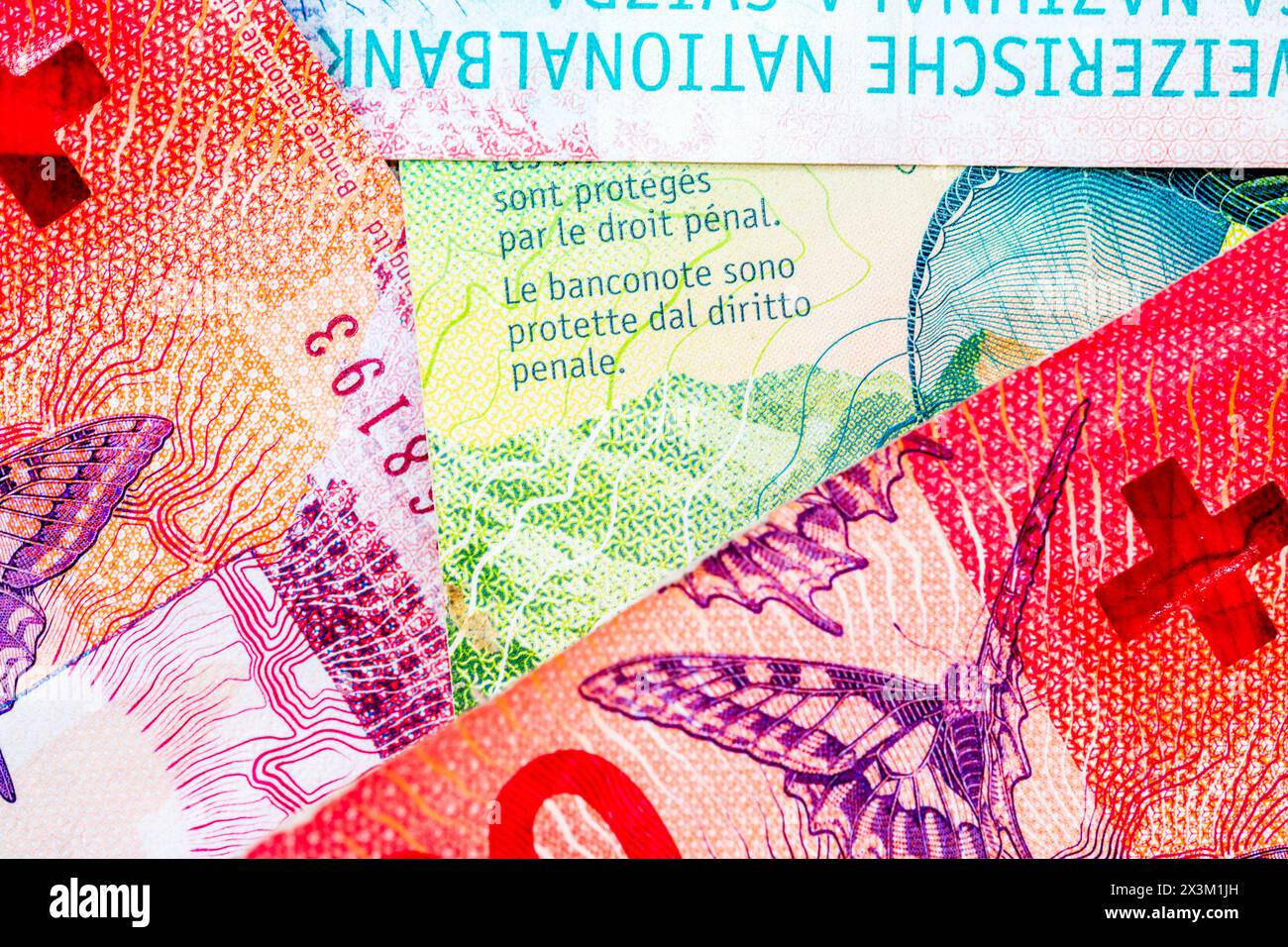 CHF money banknotes, detail photo of swiss franc. Swiss Franc currency ...