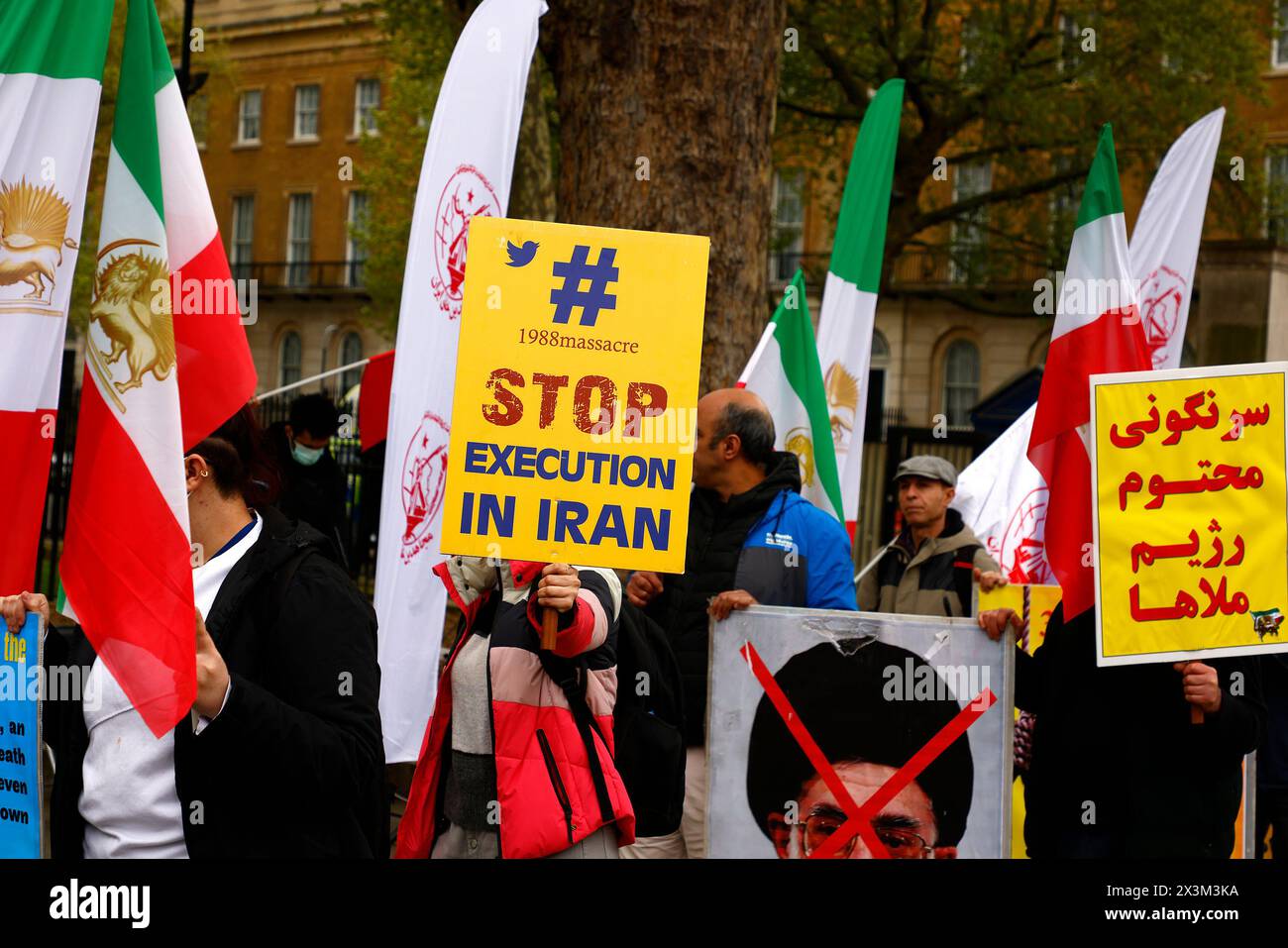 London, UK. April 27th, 2024. Placards large board and flags seen at an ...