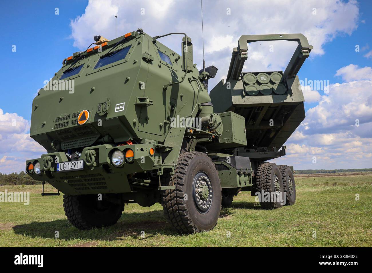 A U.S. Army M142 HIMARS system stands as a static display for view ...