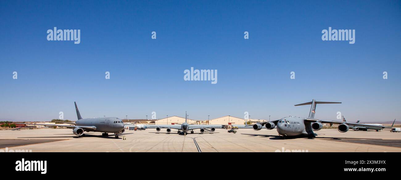 A KC-46, a KC-135, and a C-17 of the 418th Flight Test Squadron are ...