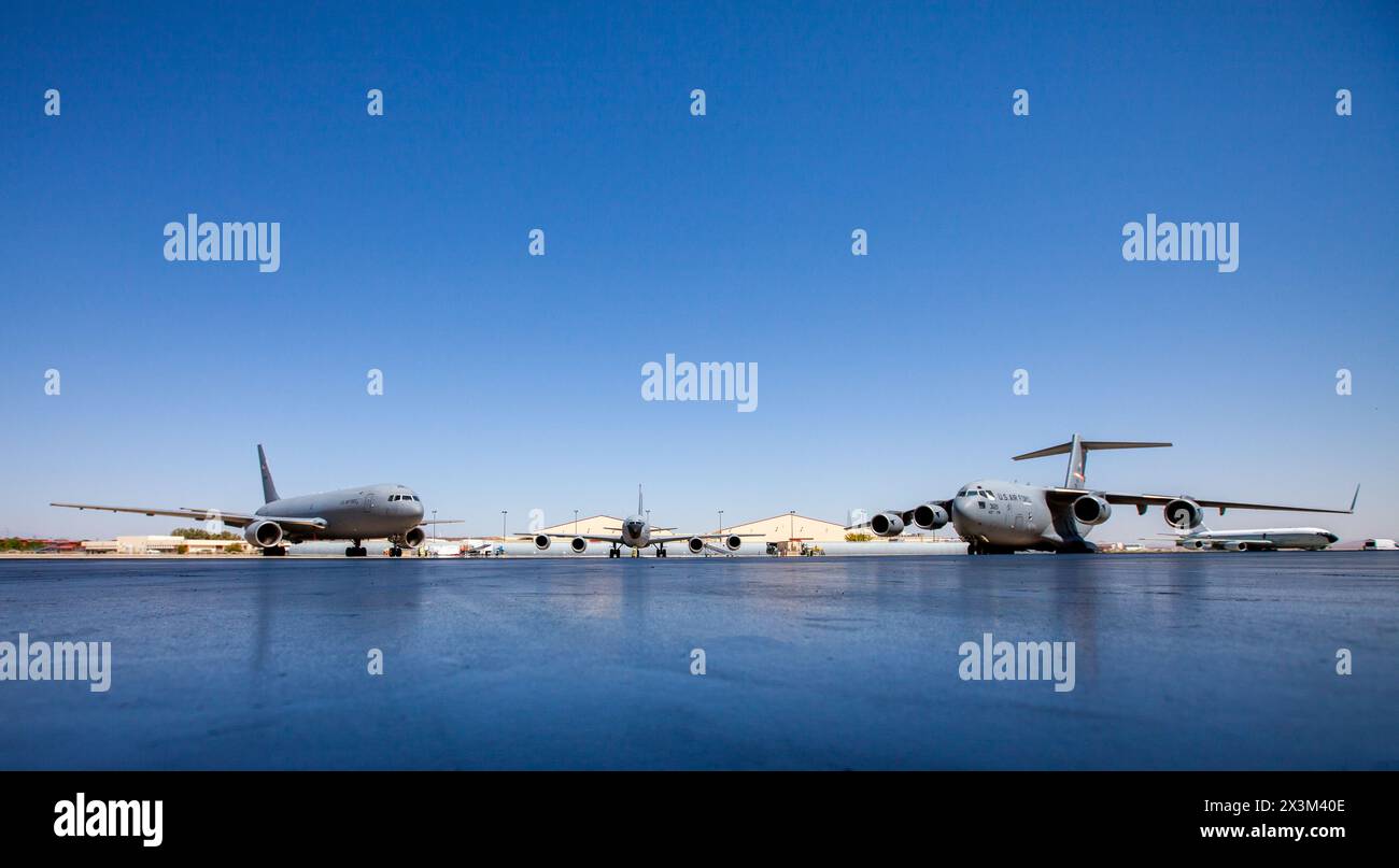 A KC-46, a KC-135, and a C-17 of the 418th Flight Test Squadron are ...