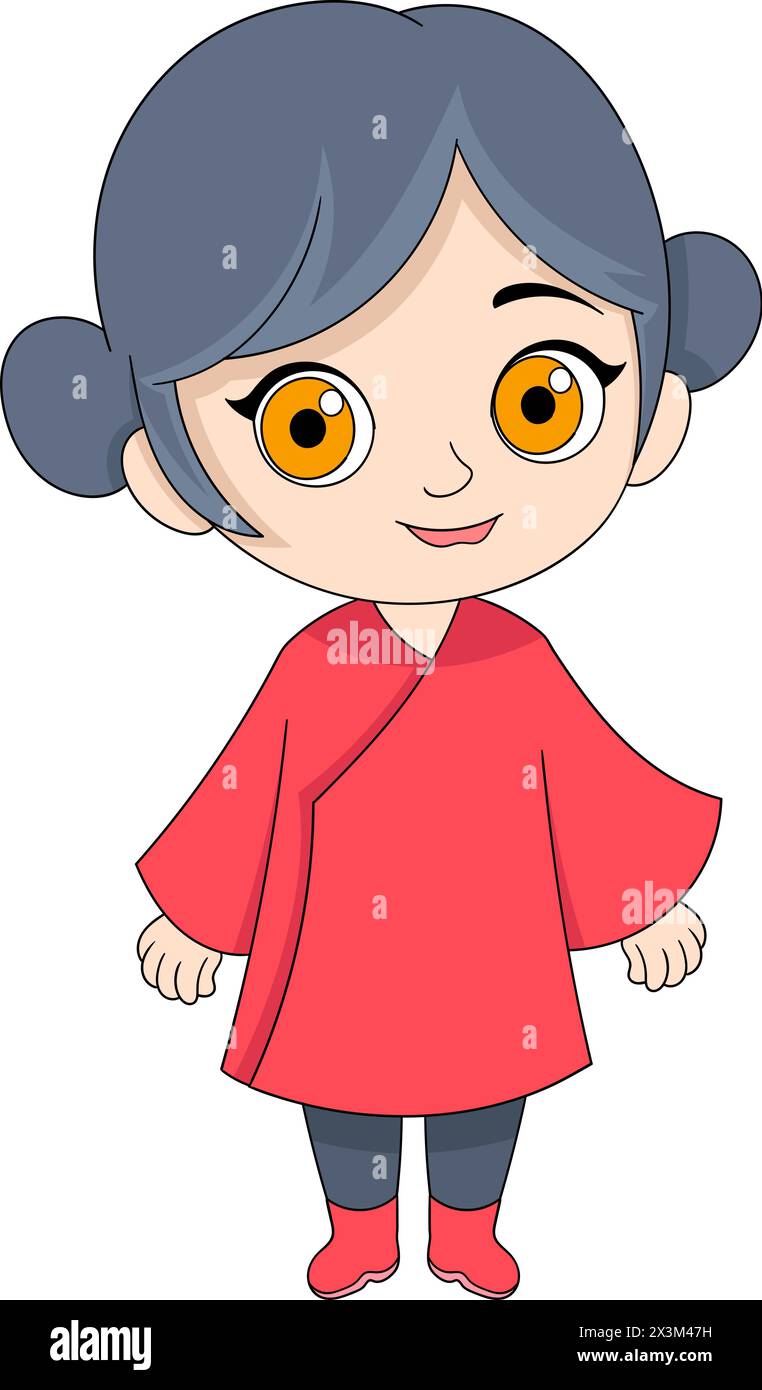 doodle cartoon illustration, Chinese girl mascot wearing traditional ...